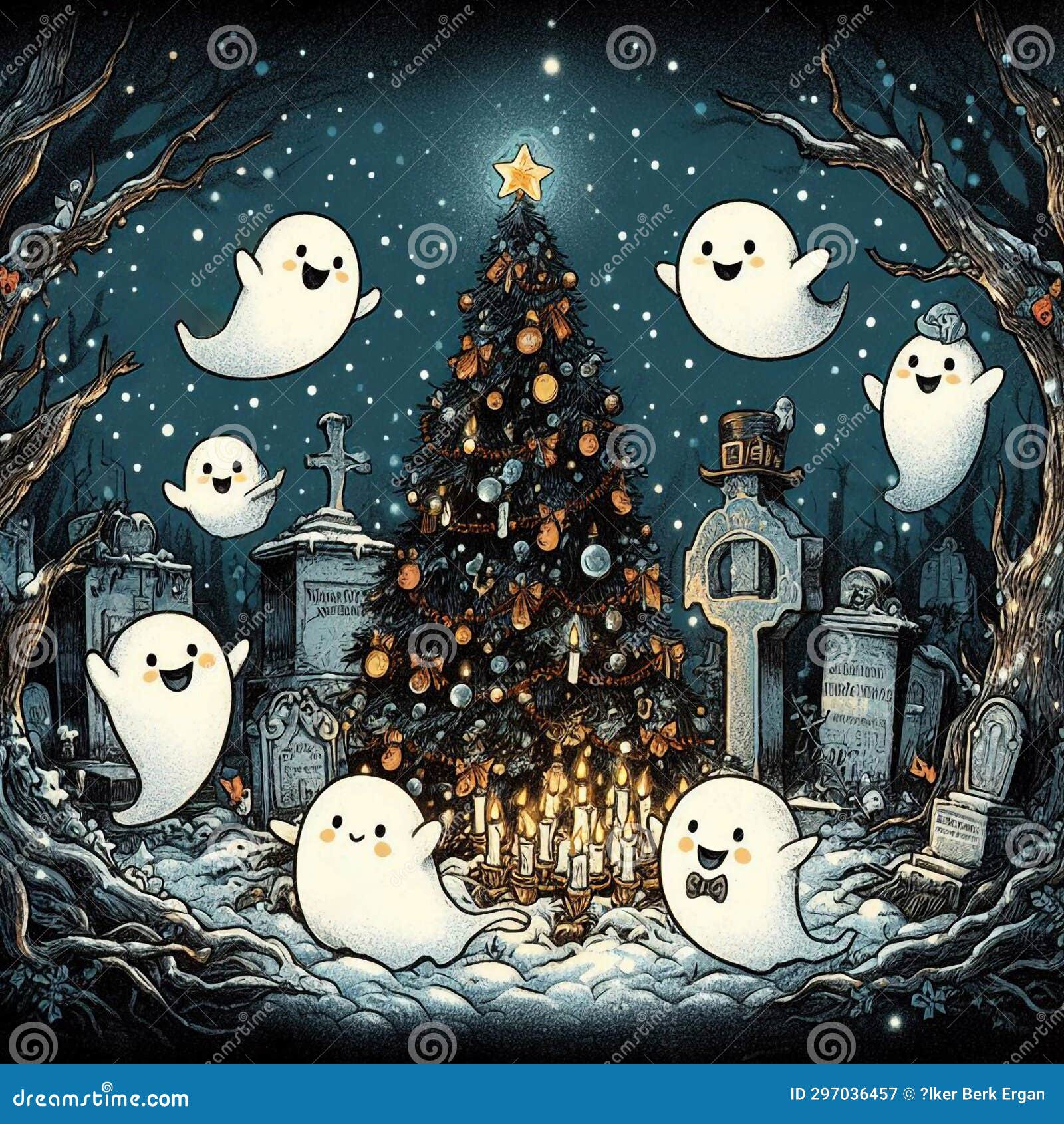 Cute Ghosts Hovering Around a Christmas Tree at a Forgotten Graveyard ...