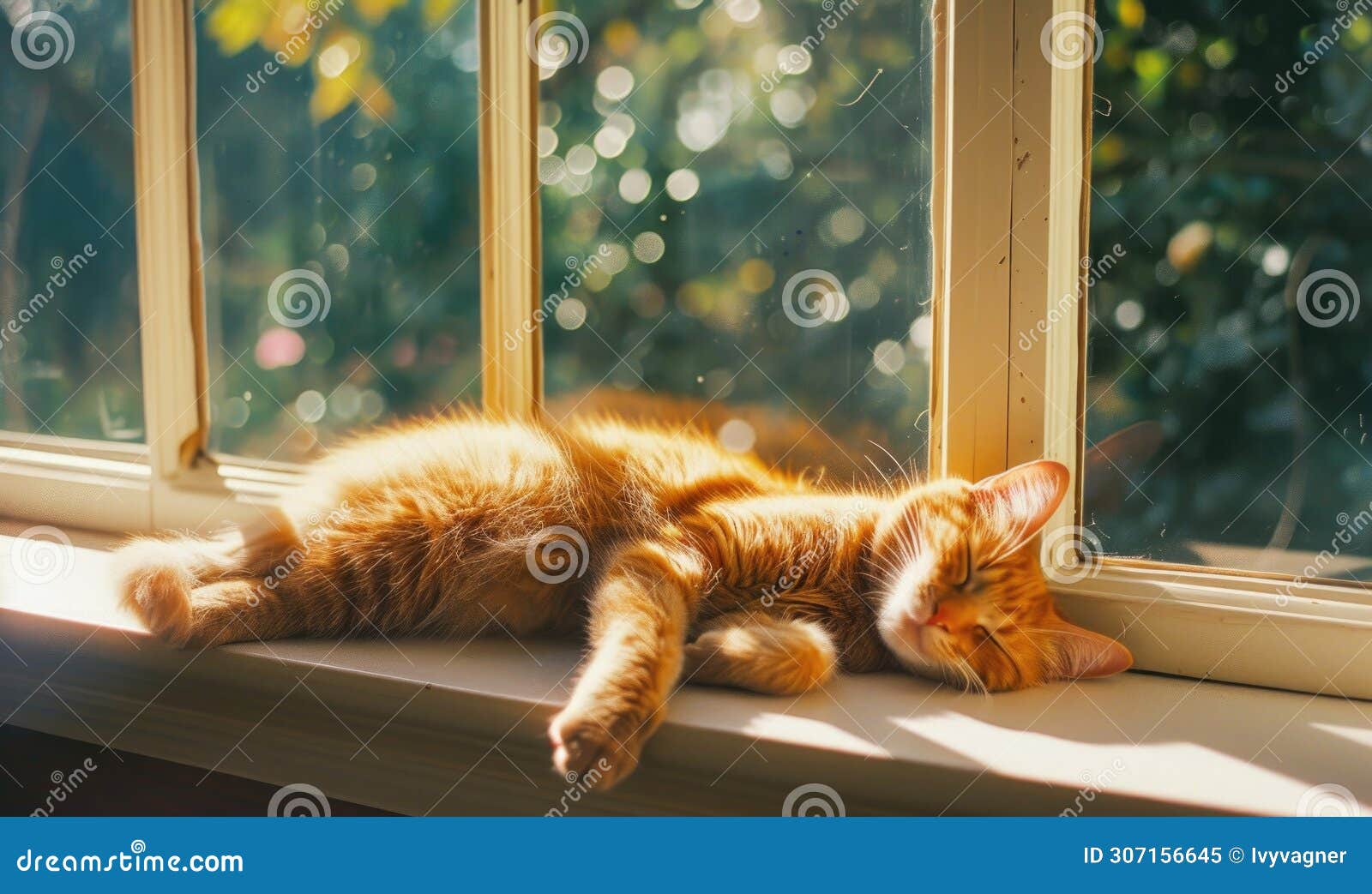 Cute Ginger Cat Lying on the Windowsill. Cat Sleeping on Windowsill in ...