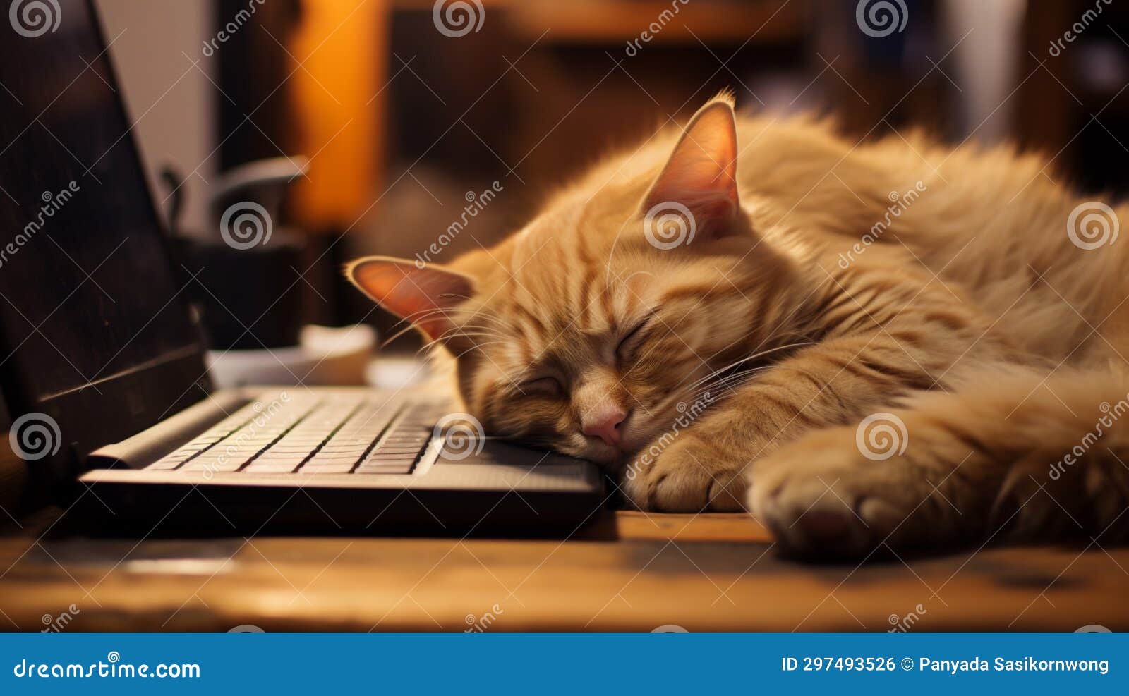 Cute Orange Cat Sleeps on a Wooden Table in Front of a Laptop, Ai ...