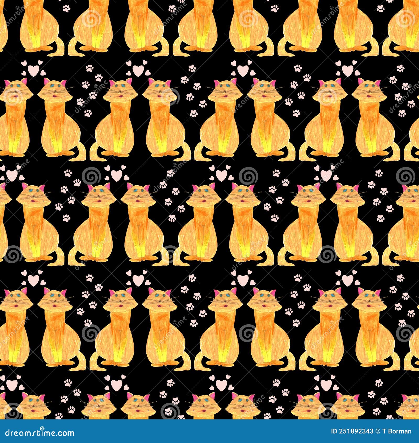Cute Ginger Cats in Love Childish Pencil Drawing Seamless Pattern Stock ...
