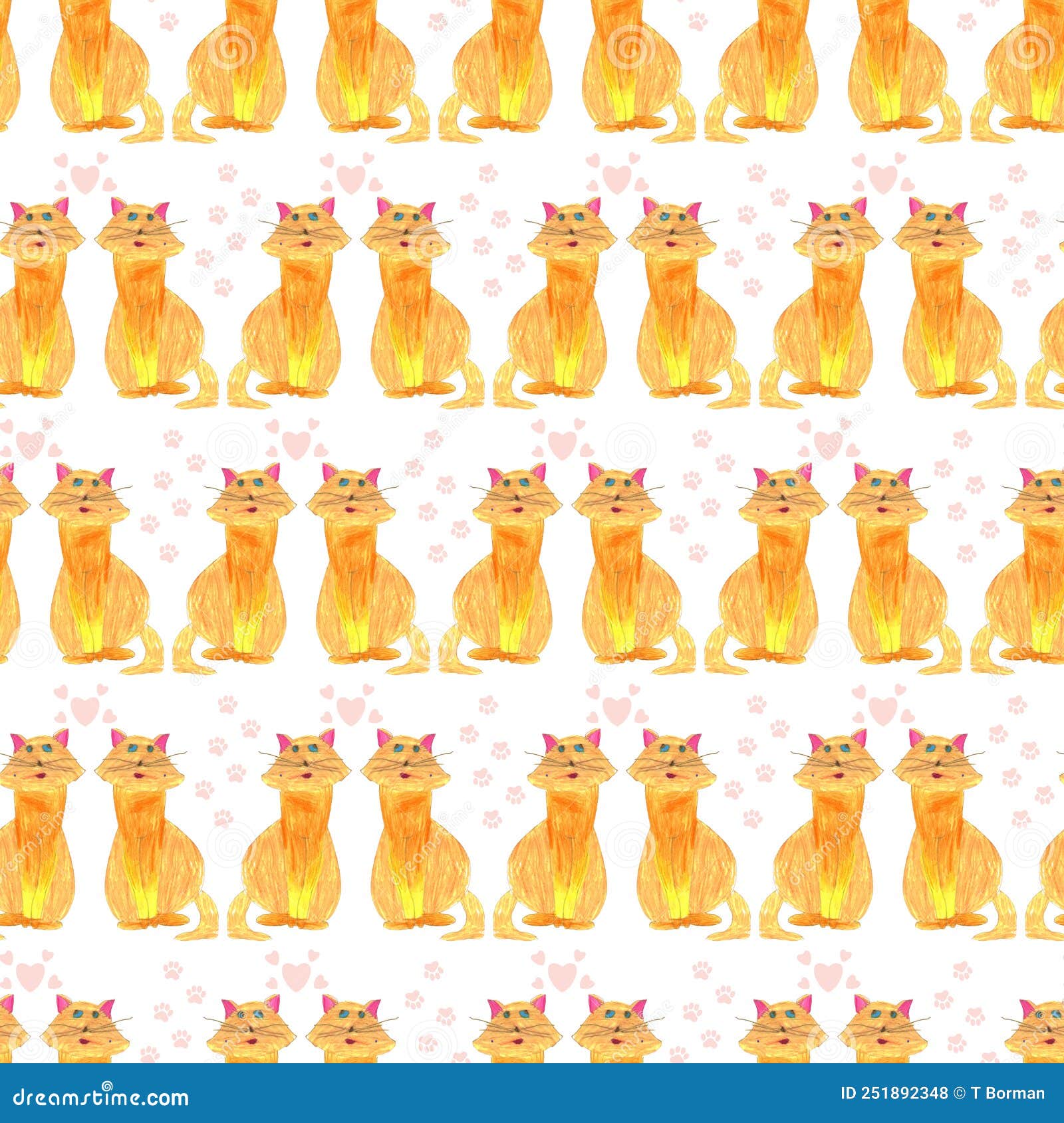 Cute Ginger Cats in Love Childish Pencil Drawing Seamless Pattern Stock ...