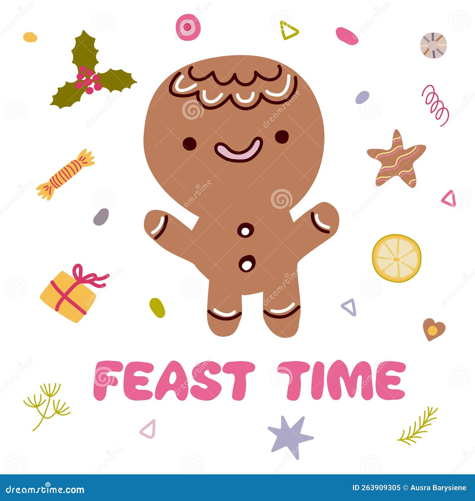Cute Gingerbread Man Doodle Character, Surrounded by Festive Elements ...