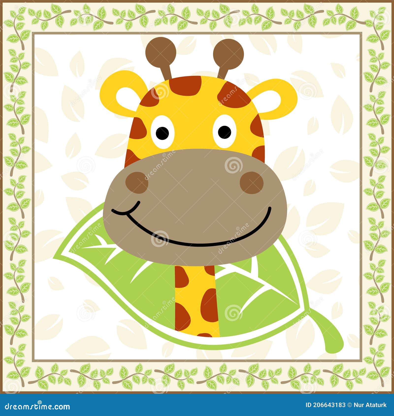 Cute Giraffe Cartoon Vector On Plants Frame Border | CartoonDealer.com ...