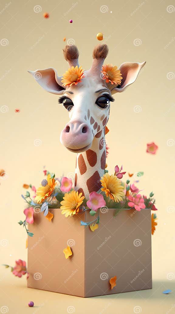 Cute Giraffe with Flowers in the Box. 3d Rendering Stock Illustration ...