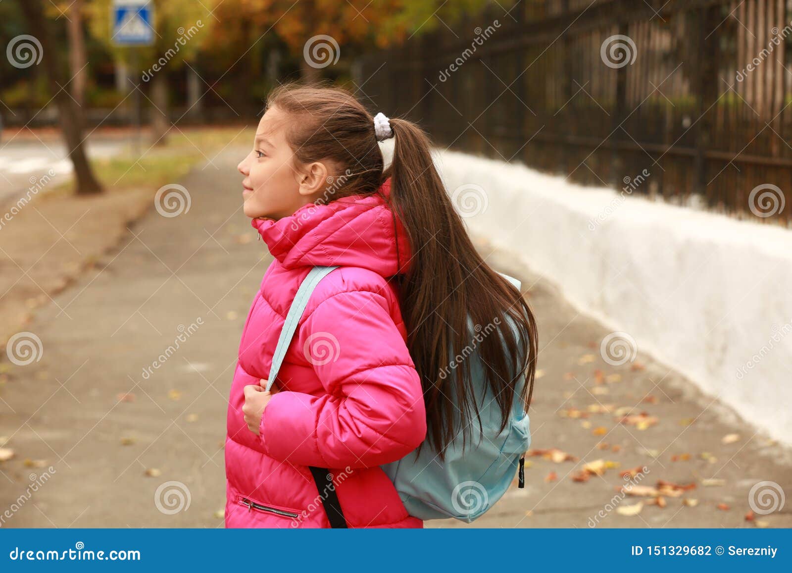 Cute Girl with Backpack Outdoors Stock Photo - Image of education ...