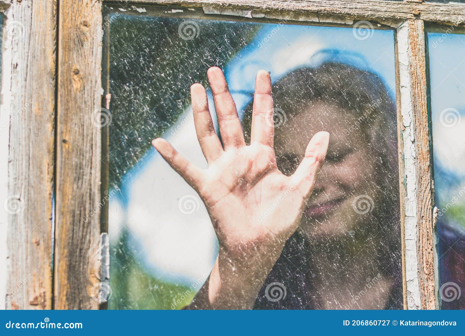 Hand on the Window Glass Table Inside Looking for Touch Stock Image ...