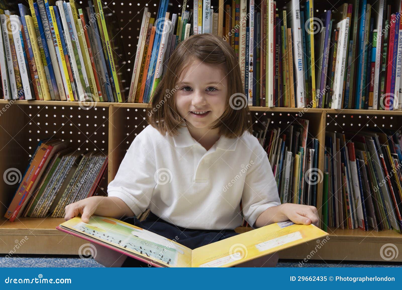 Cute Girl with Book in Library Stock Image - Image of information ...