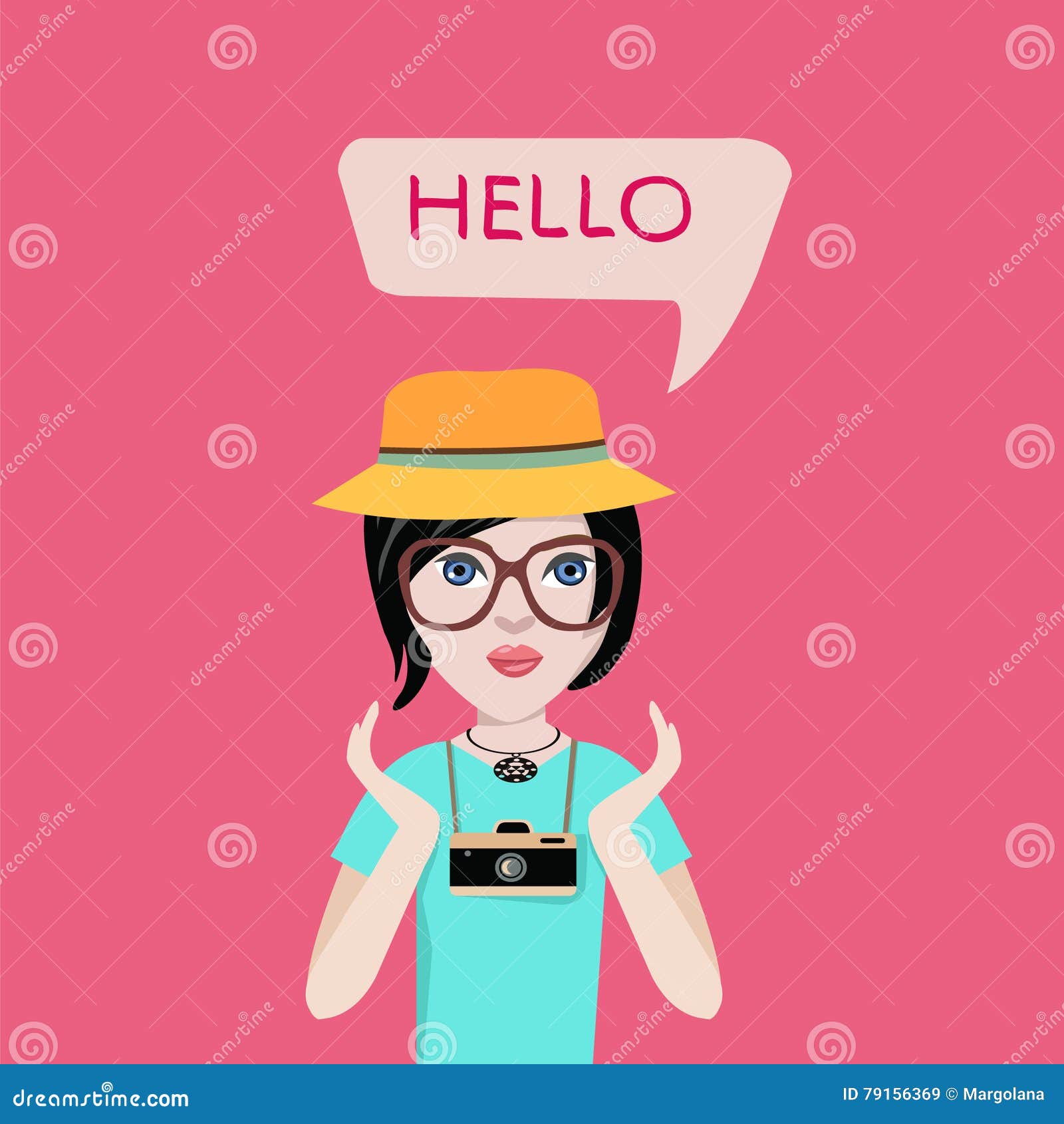 Cute Girl with Camera Saying Hello Stock Vector - Illustration of young ...