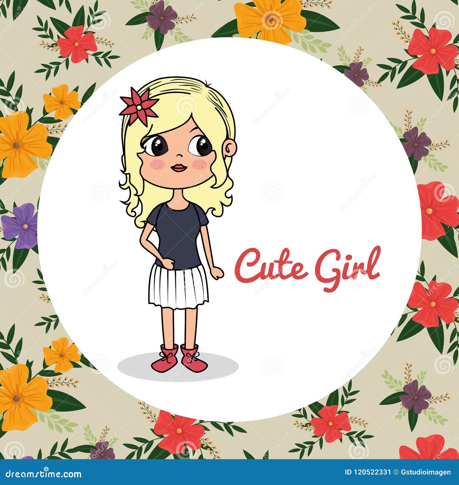 Cute Girl Character with Floral Frame Stock Vector - Illustration of ...