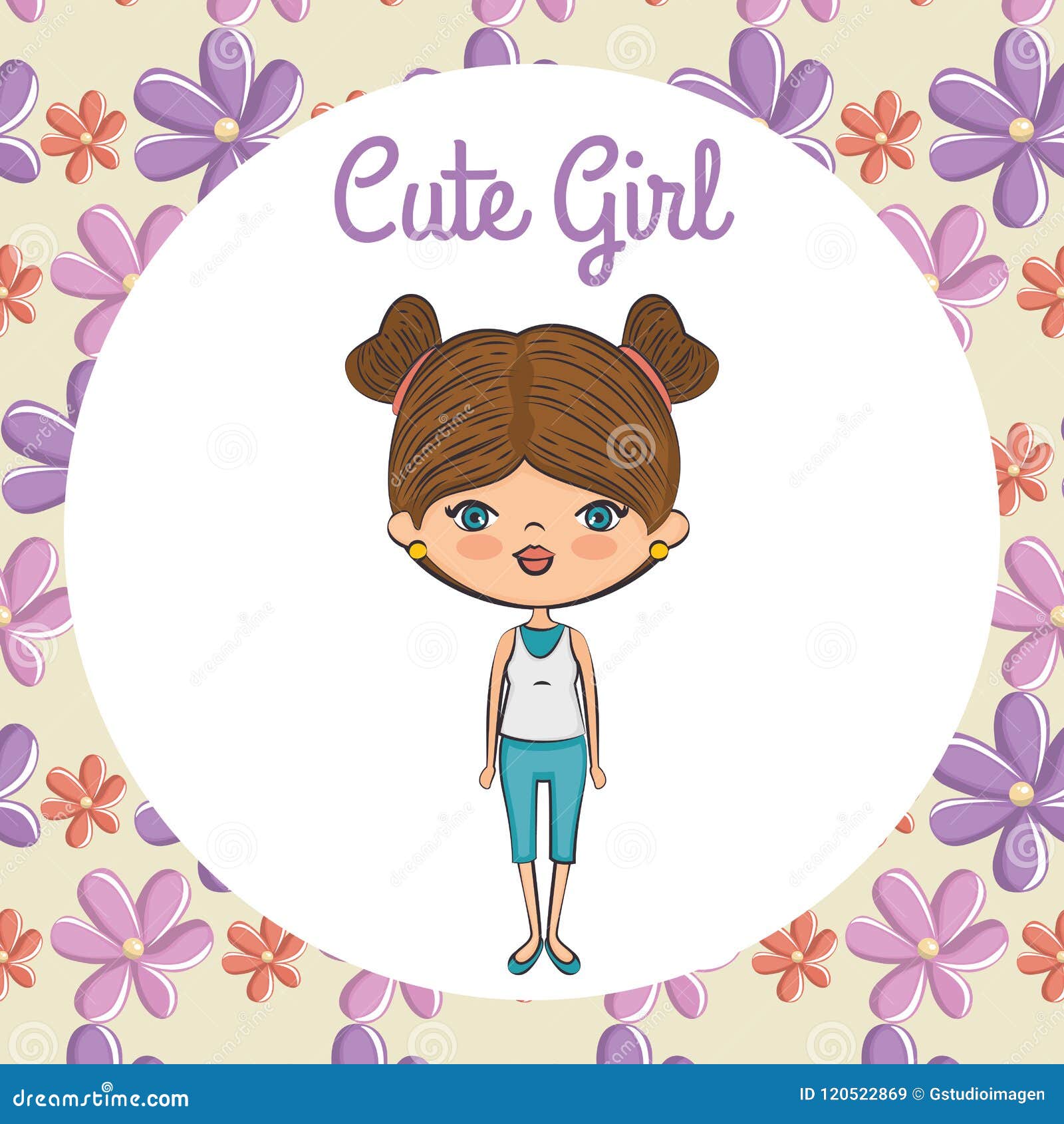 Cute Girl Character with Floral Frame Stock Vector - Illustration of ...