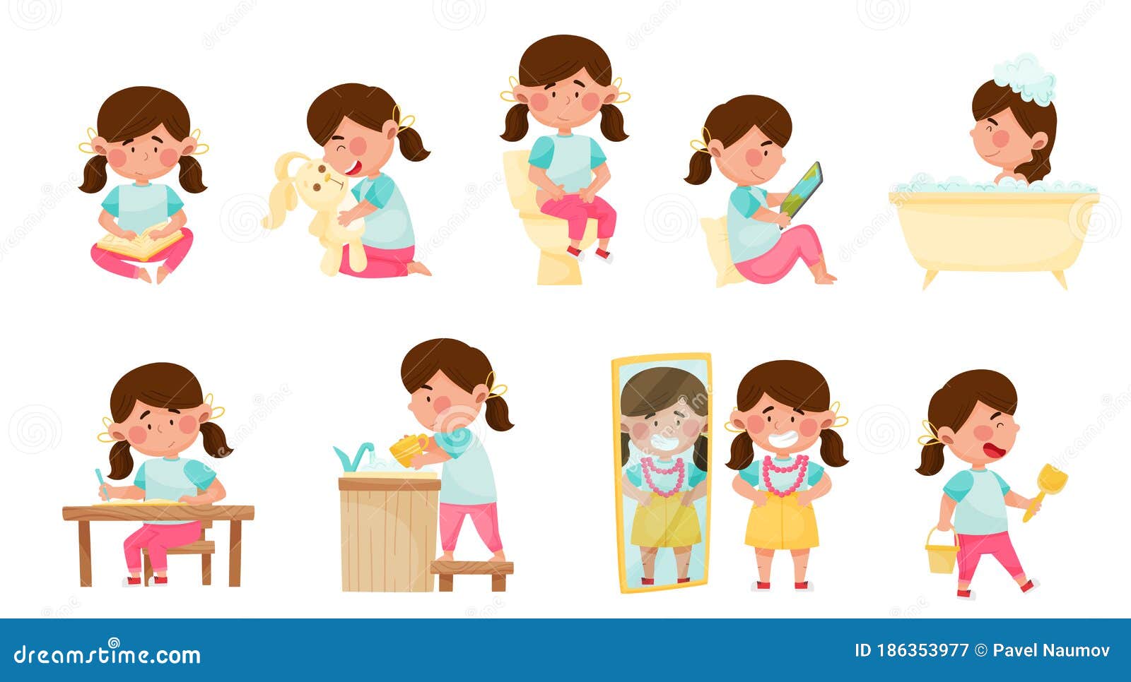 Cute Girl Character Reading Book and Bathing Vector Illustrations Set ...