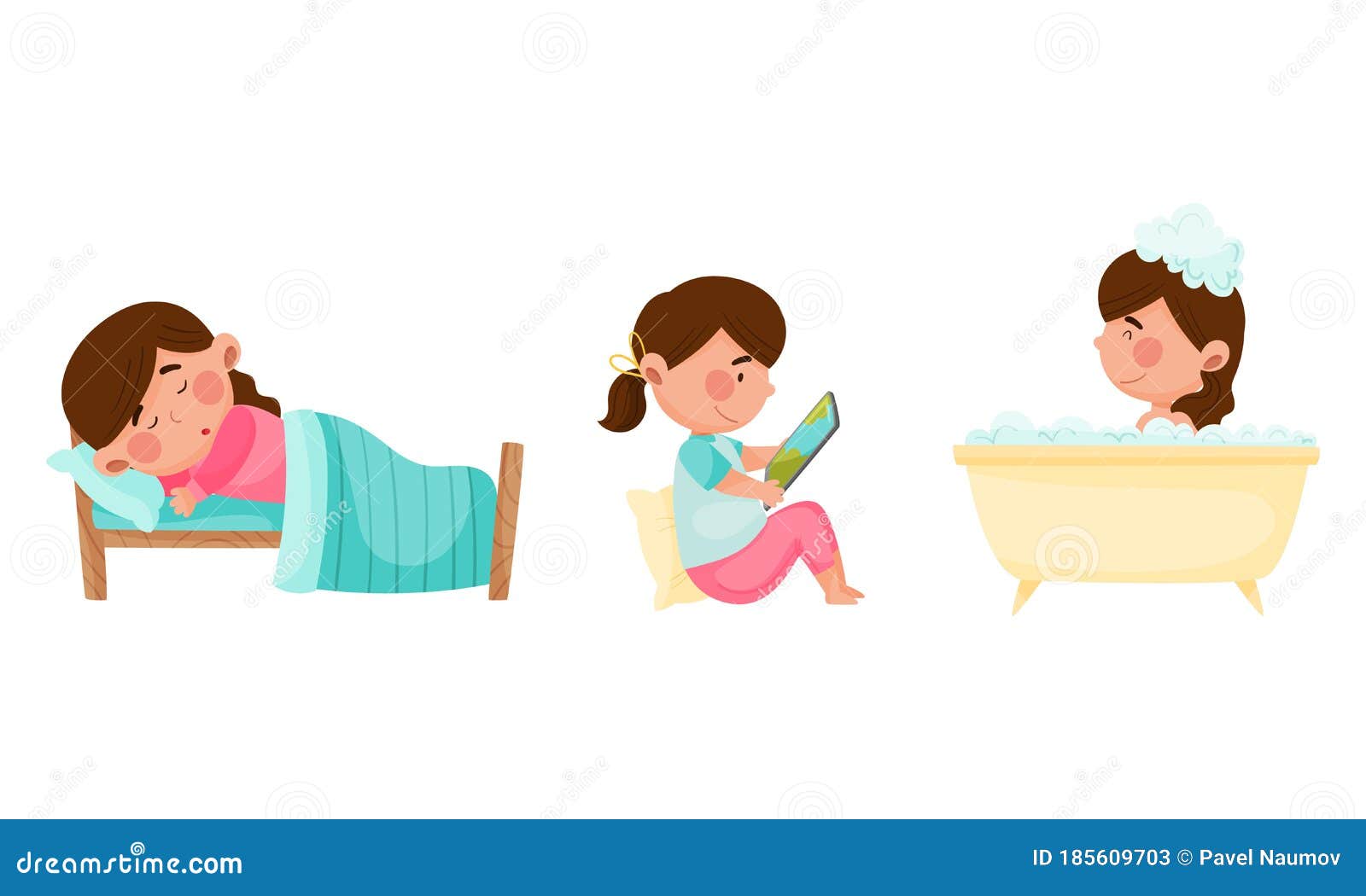 Cute Girl Character Sleeping, Playing on Tablet Computer and Bathing ...