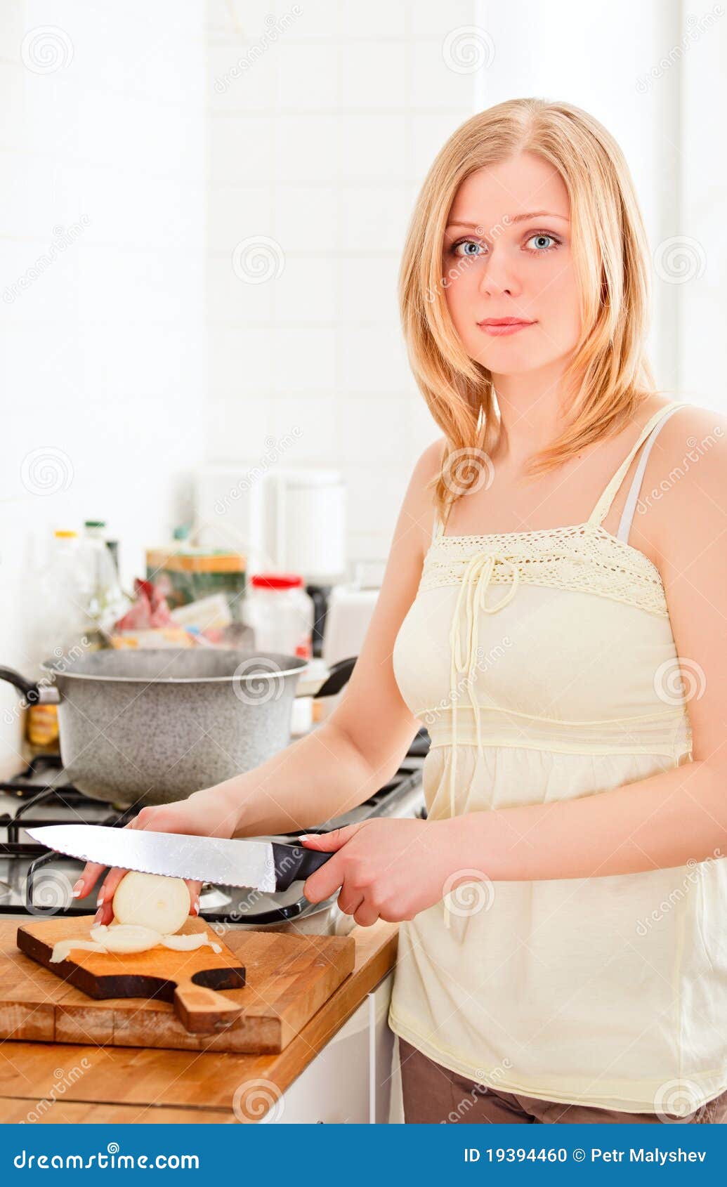 Cute Girl Cooking stock photo. Image of knife, beige - 19394460