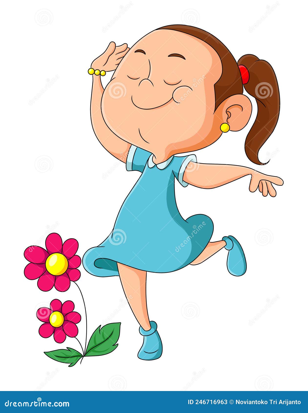 The Cute Girl is Dancing beside the Flowers Stock Vector - Illustration ...