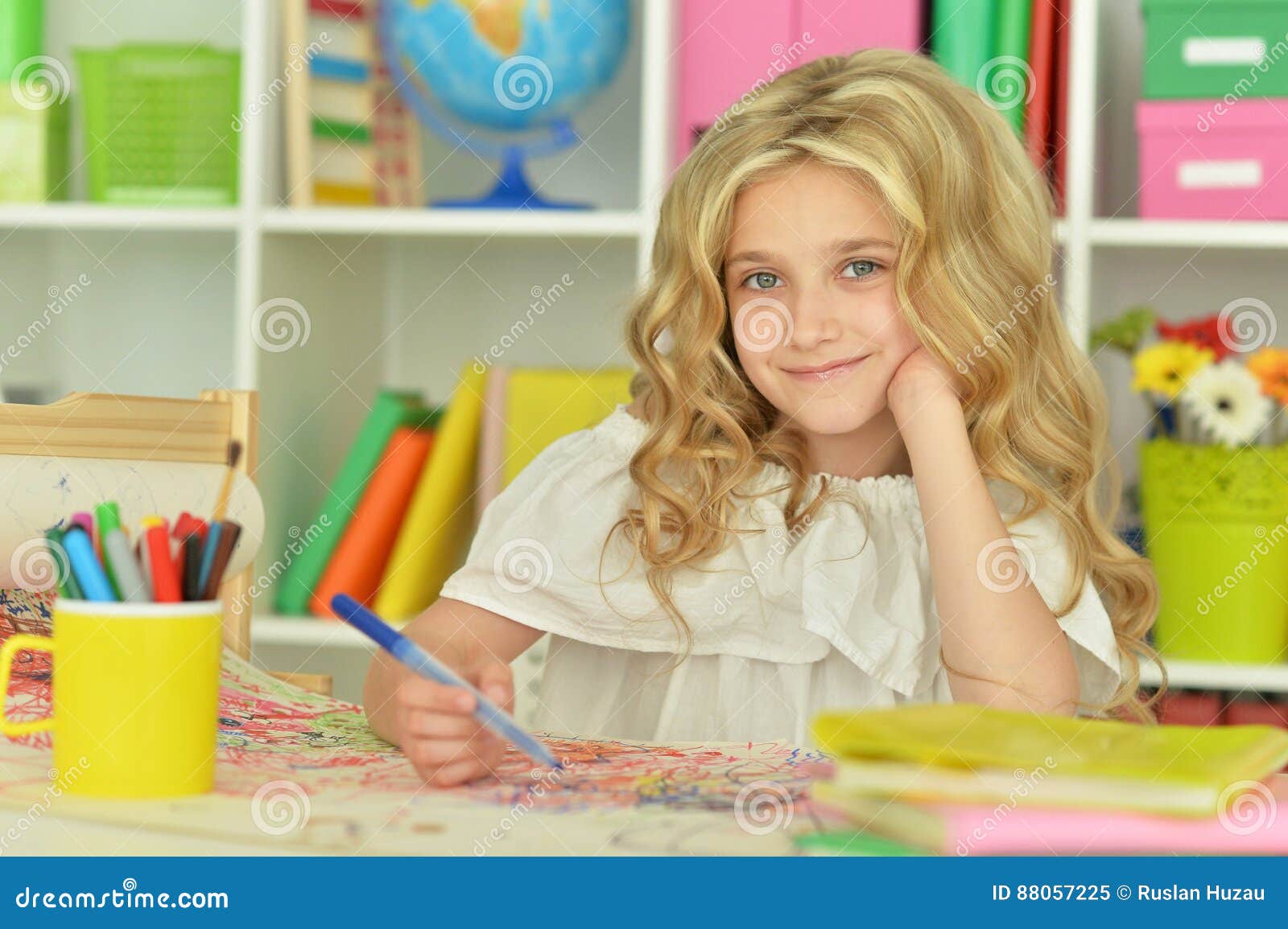 Cute girl does lessons stock image. Image of simple, background - 88057225