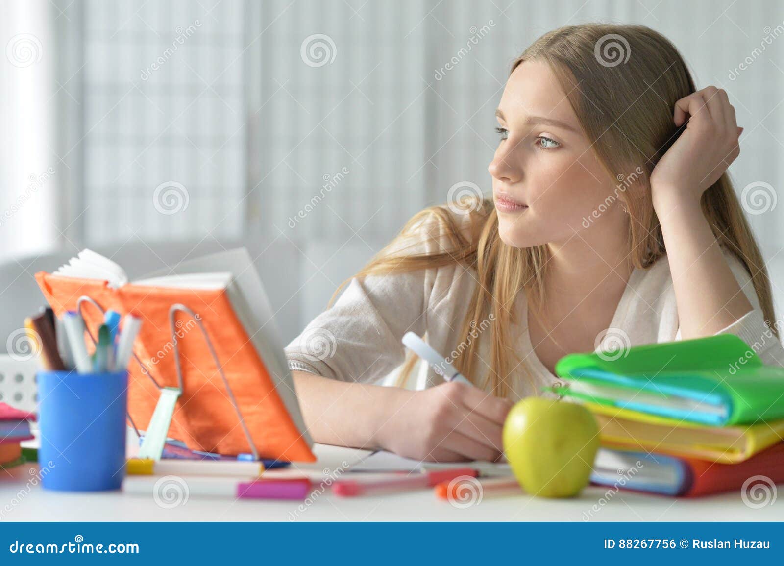 Cute girl does lessons stock photo. Image of child, white - 88267756