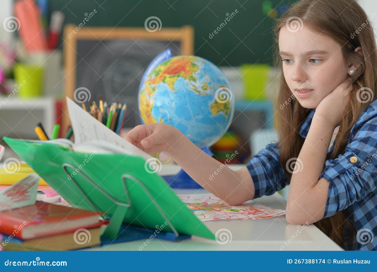 Cute Girl Doing Home Work at Desk Stock Photo - Image of girl, elements ...