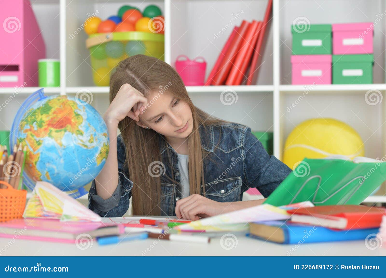 Cute Girl Doing Home Work at Desk Stock Photo - Image of interior, nice ...