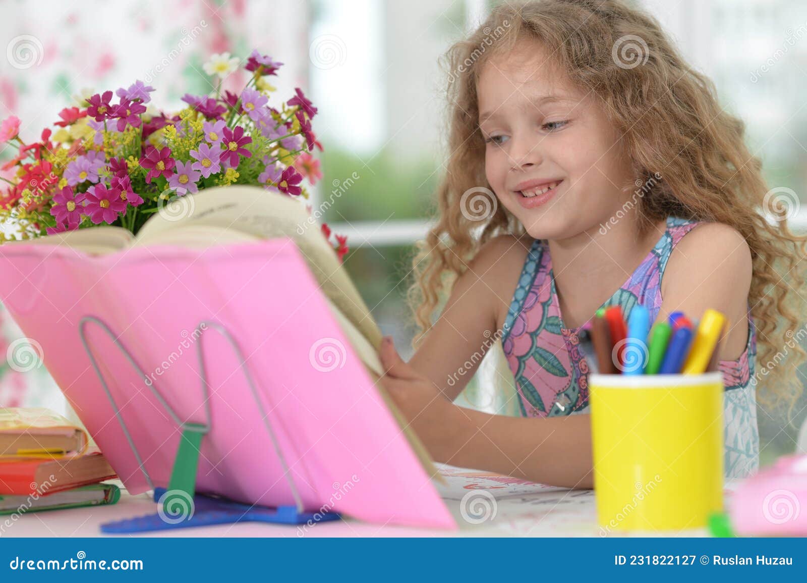 Cute Girl Doing Home Work at Desk Stock Image - Image of caucasian ...