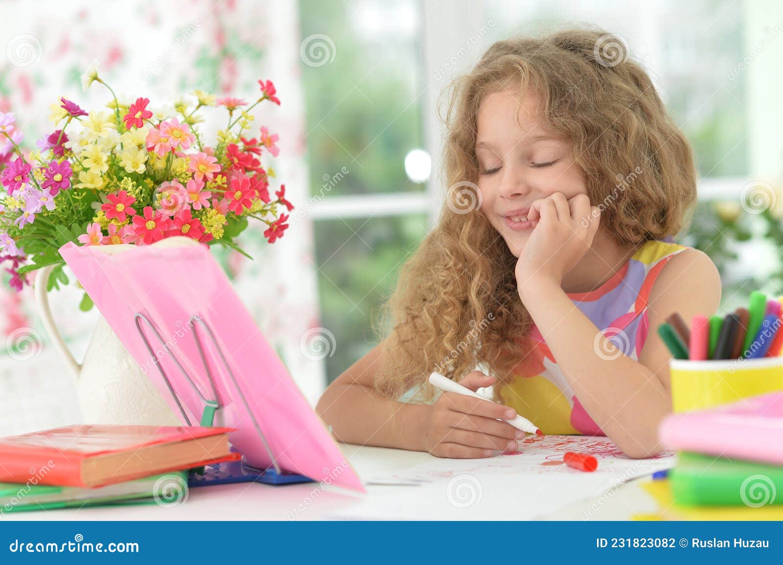 Cute Girl Doing Home Work at Desk Stock Photo - Image of feminine ...