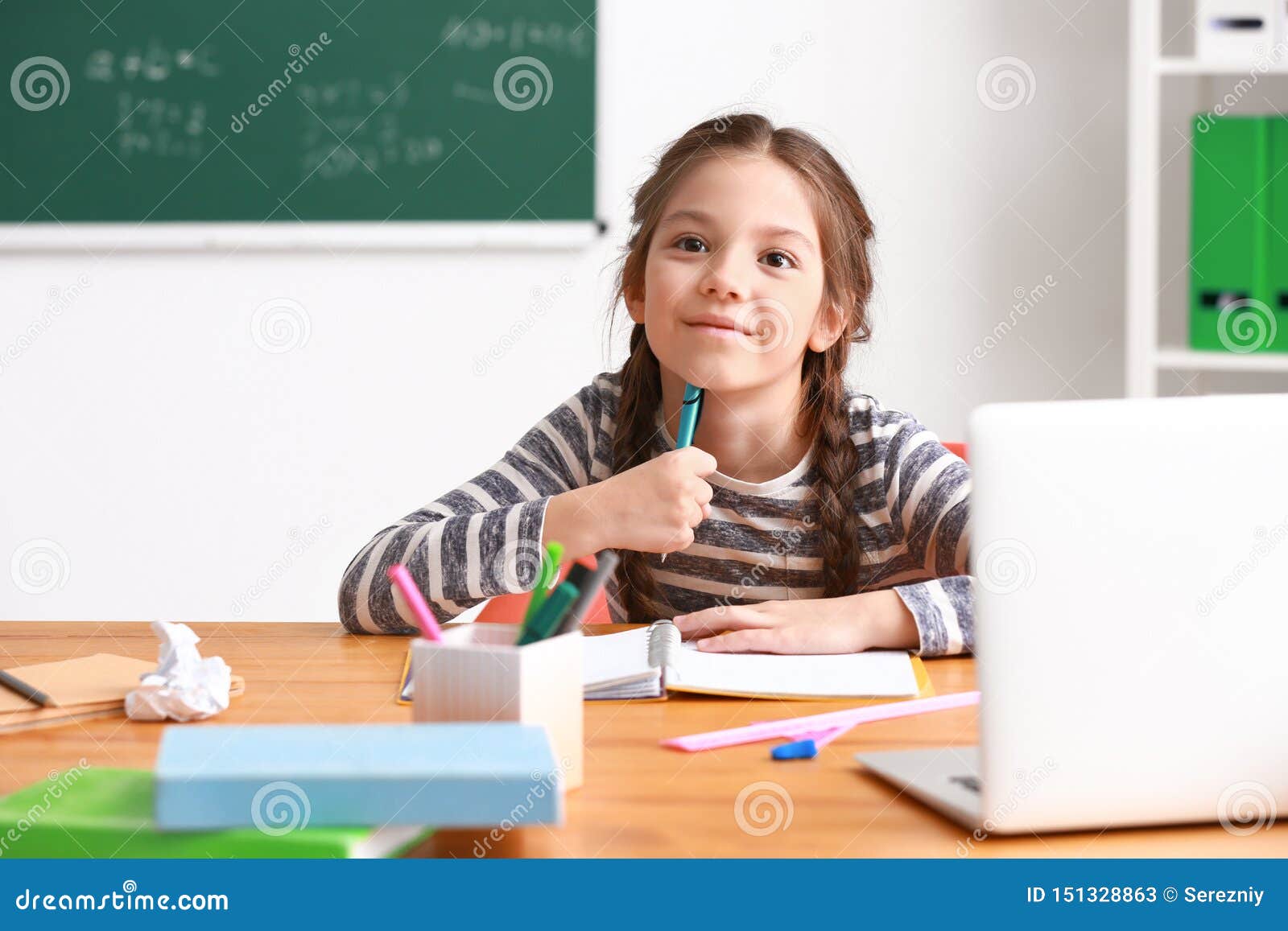 Cute Girl Doing Homework in Classroom Stock Image - Image of primary ...