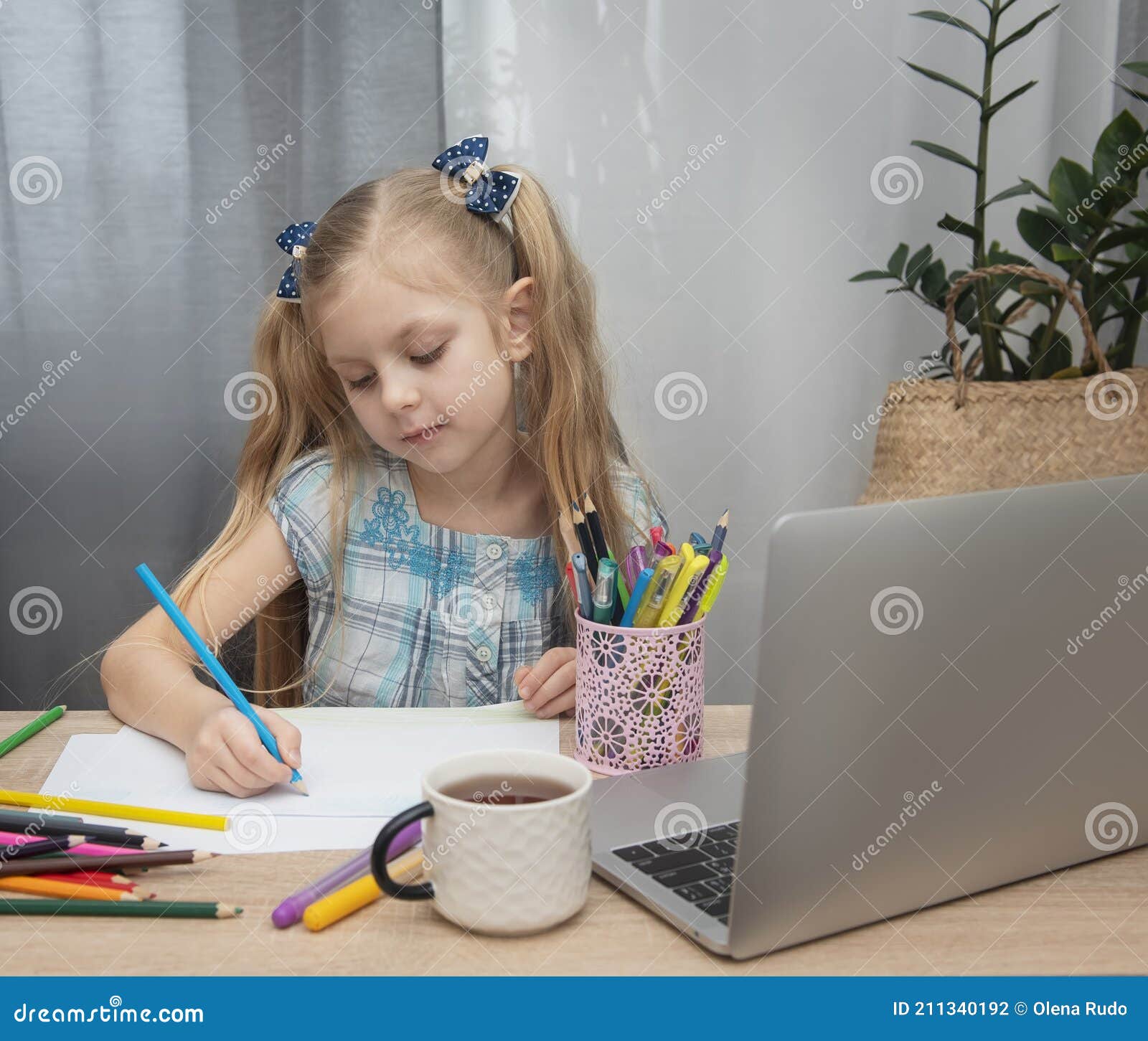 Cute girl doing homework stock photo. Image of learn - 211340192
