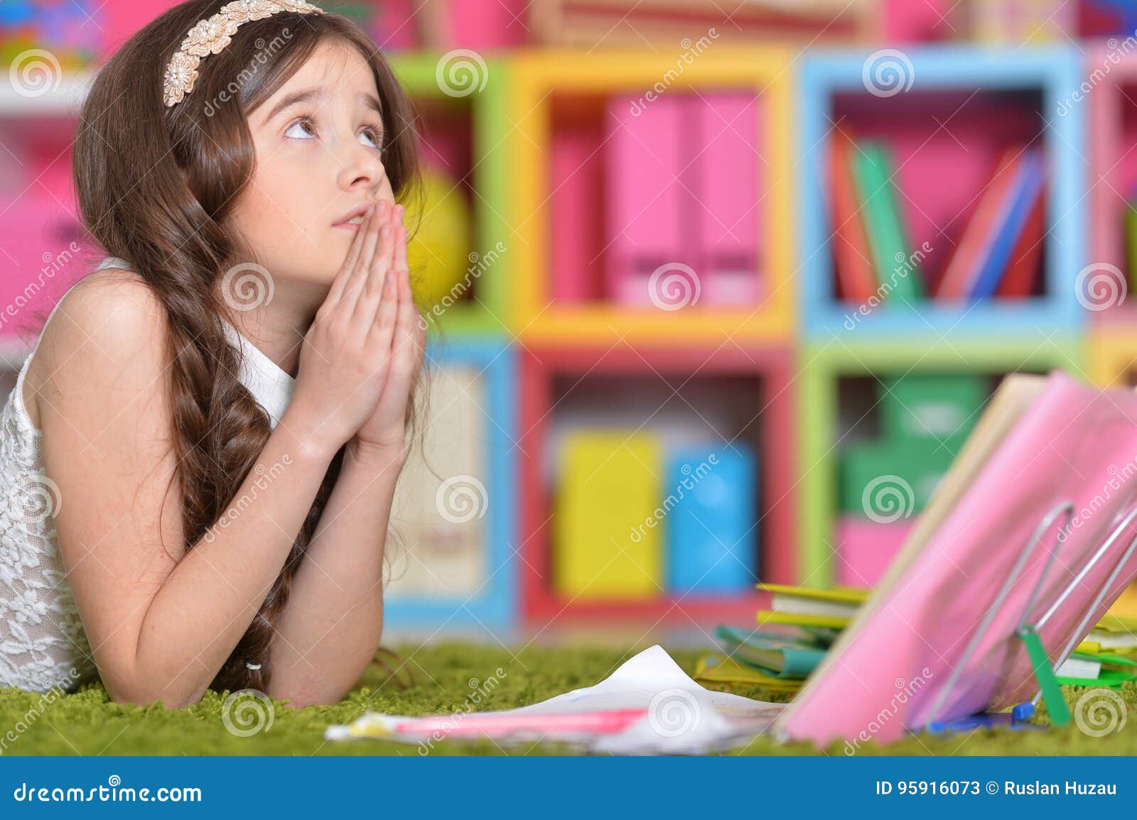 Cute girl doing homework stock image. Image of bookrest - 95916073
