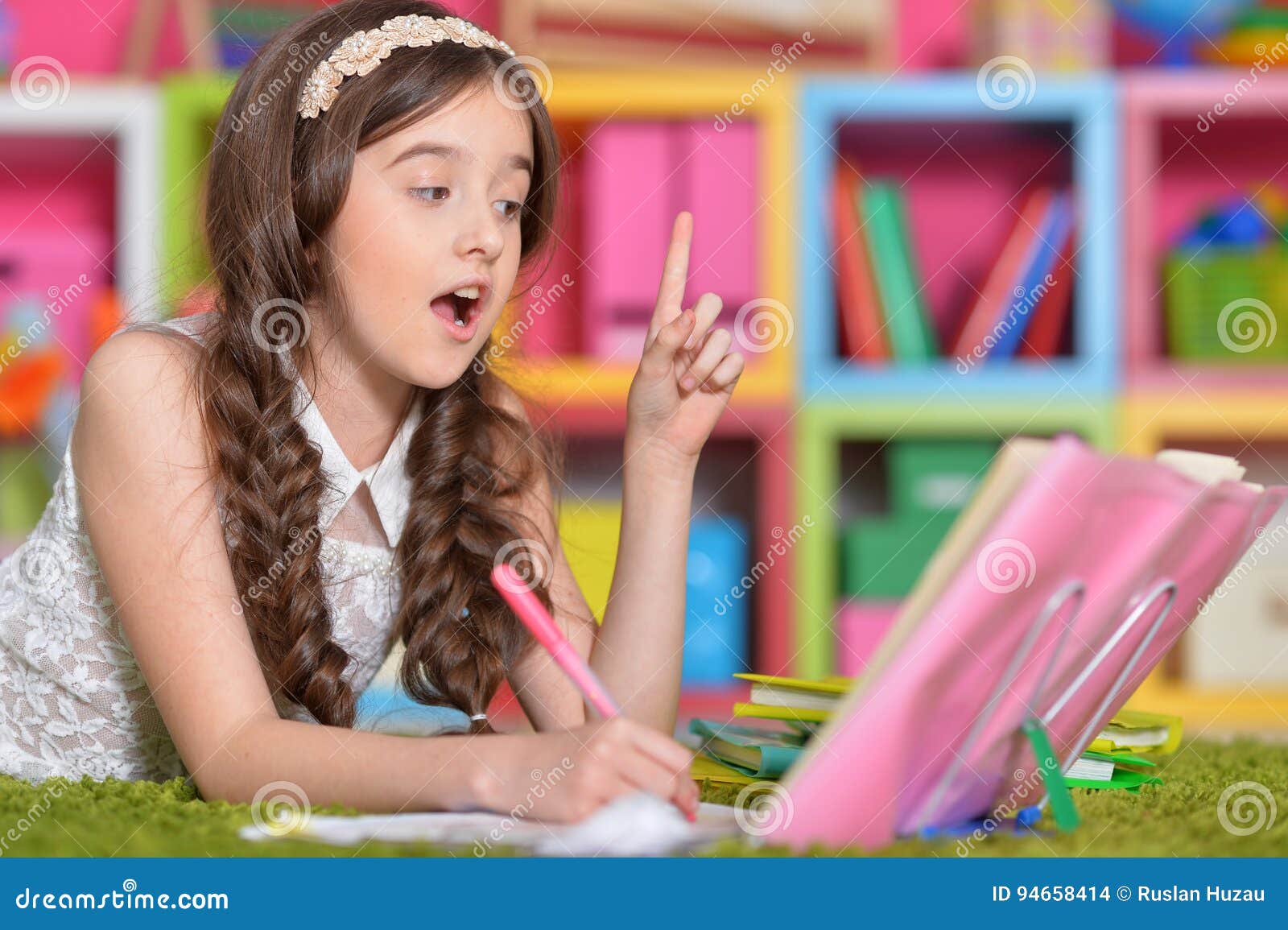 Cute girl doing homework stock photo. Image of enjoy - 94658414