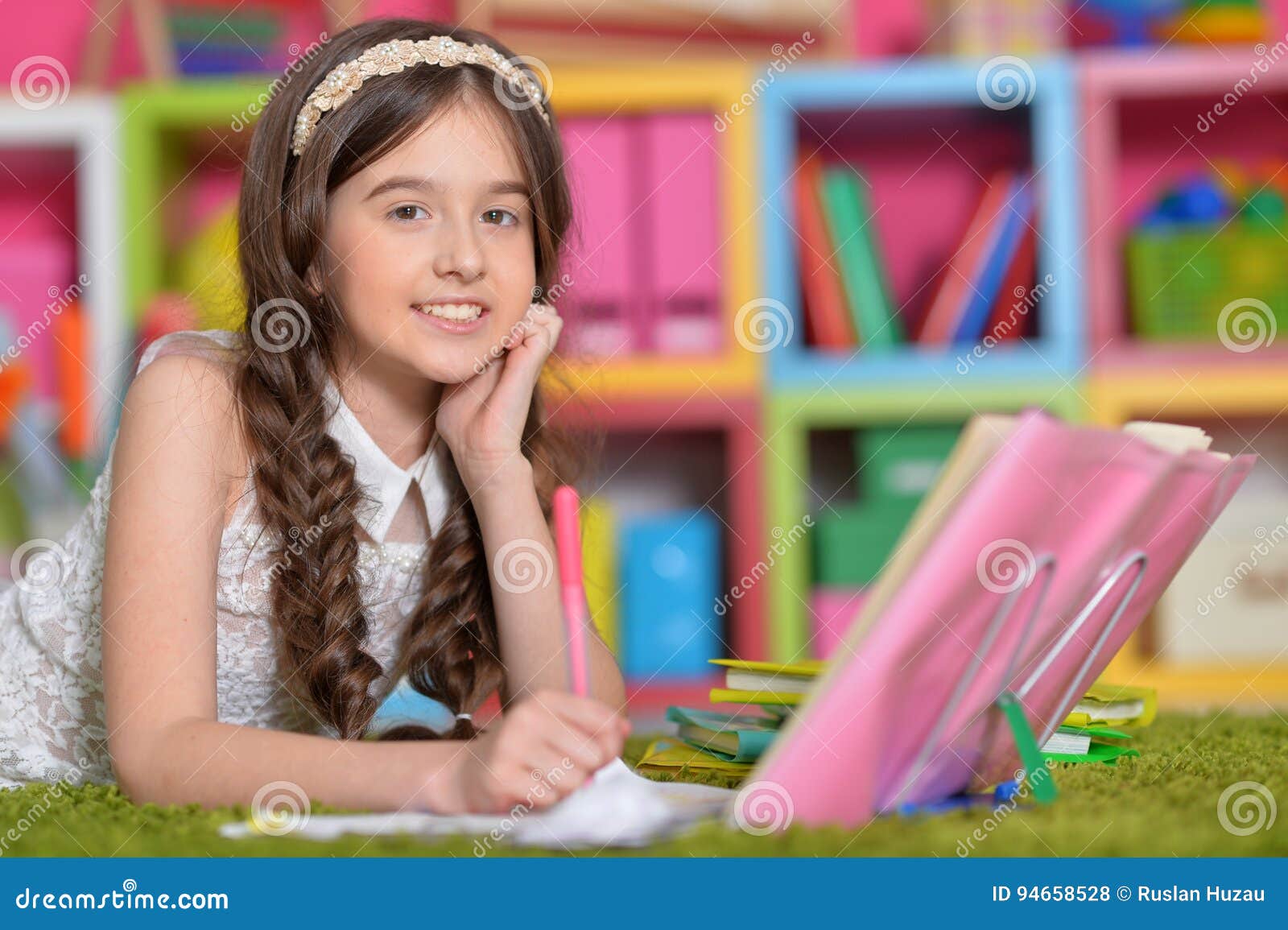 Cute girl doing homework stock photo. Image of interior - 94658528