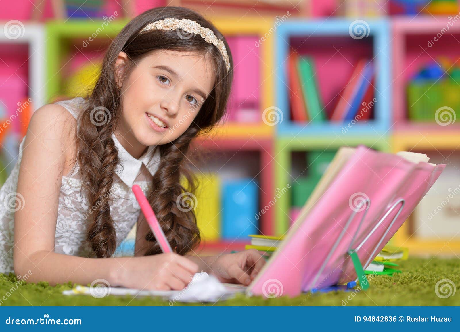 Cute girl doing homework stock photo. Image of homework - 94842836
