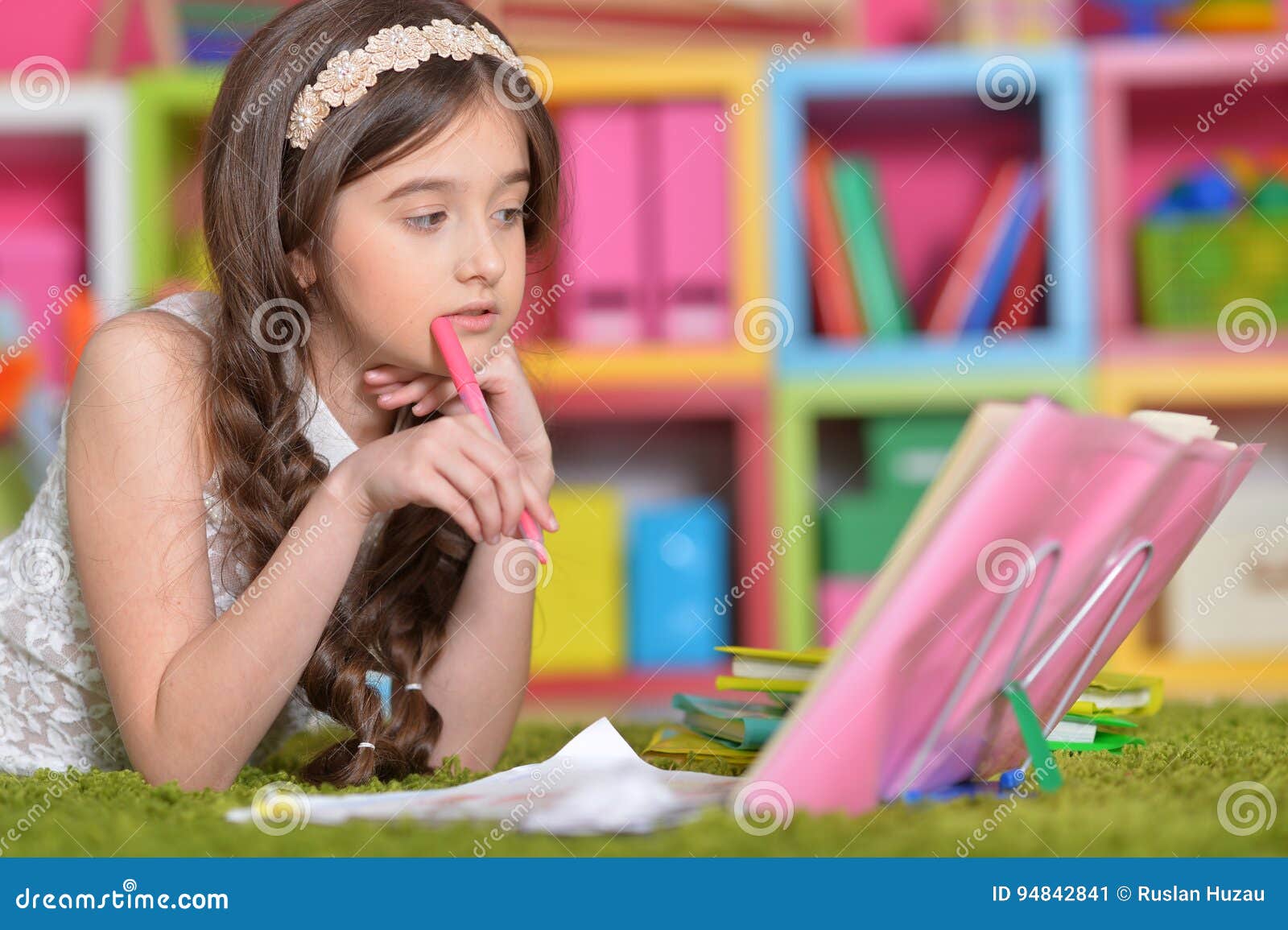 Cute girl doing homework stock image. Image of girl, optimistic - 94842841