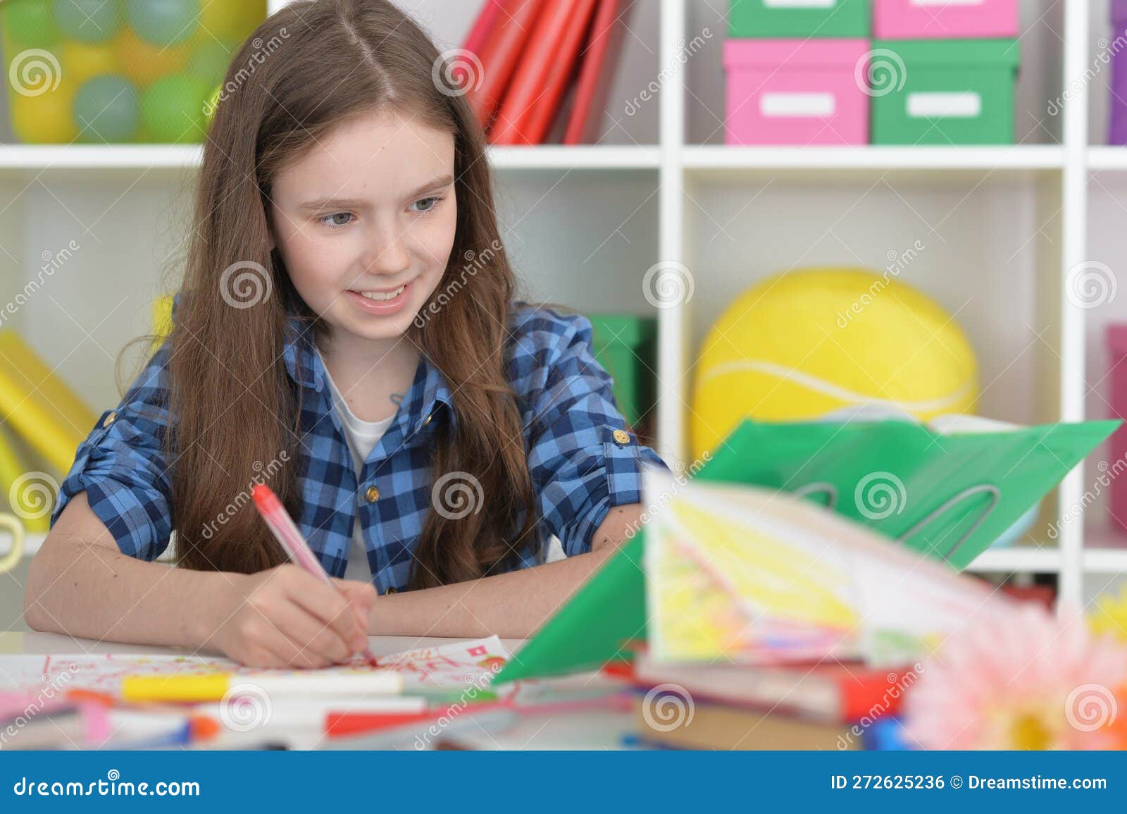 Cute Girl Doing Homework Sitting at the Table Stock Photo - Image of ...