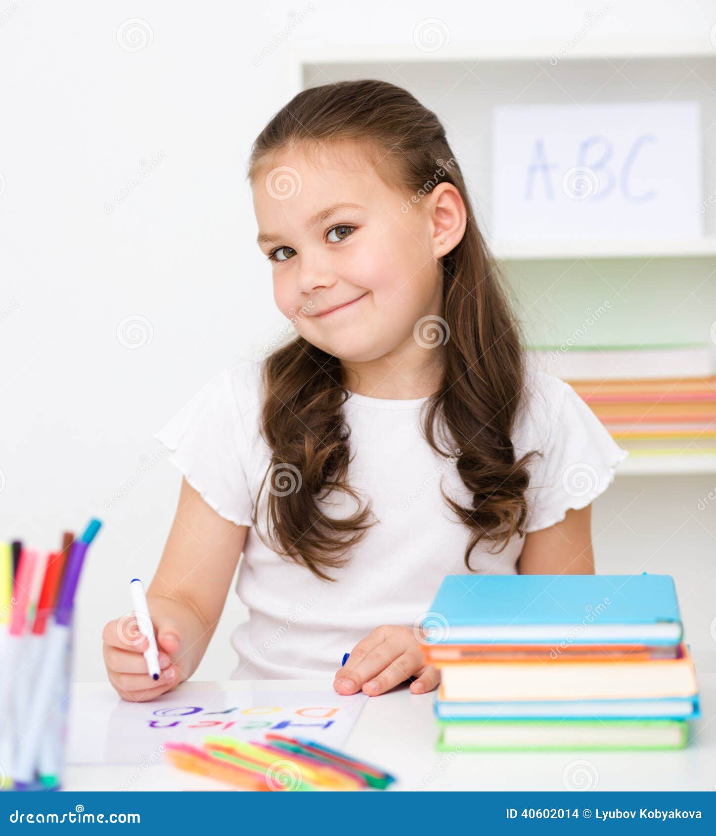 Cute Girl is Drawing Using Pencils Stock Photo - Image of crafts ...