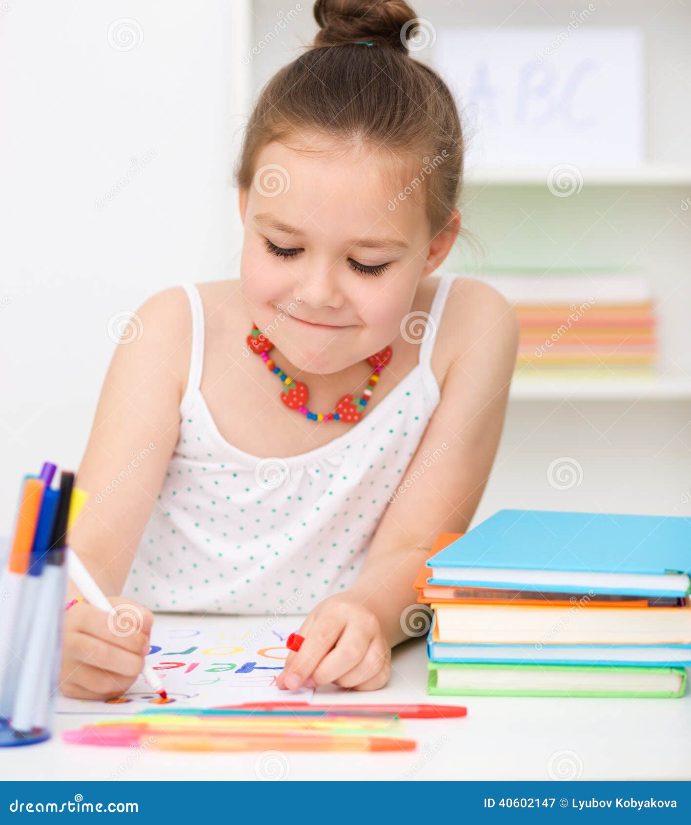 Cute Girl is Drawing Using Pencils Stock Image - Image of childhood ...
