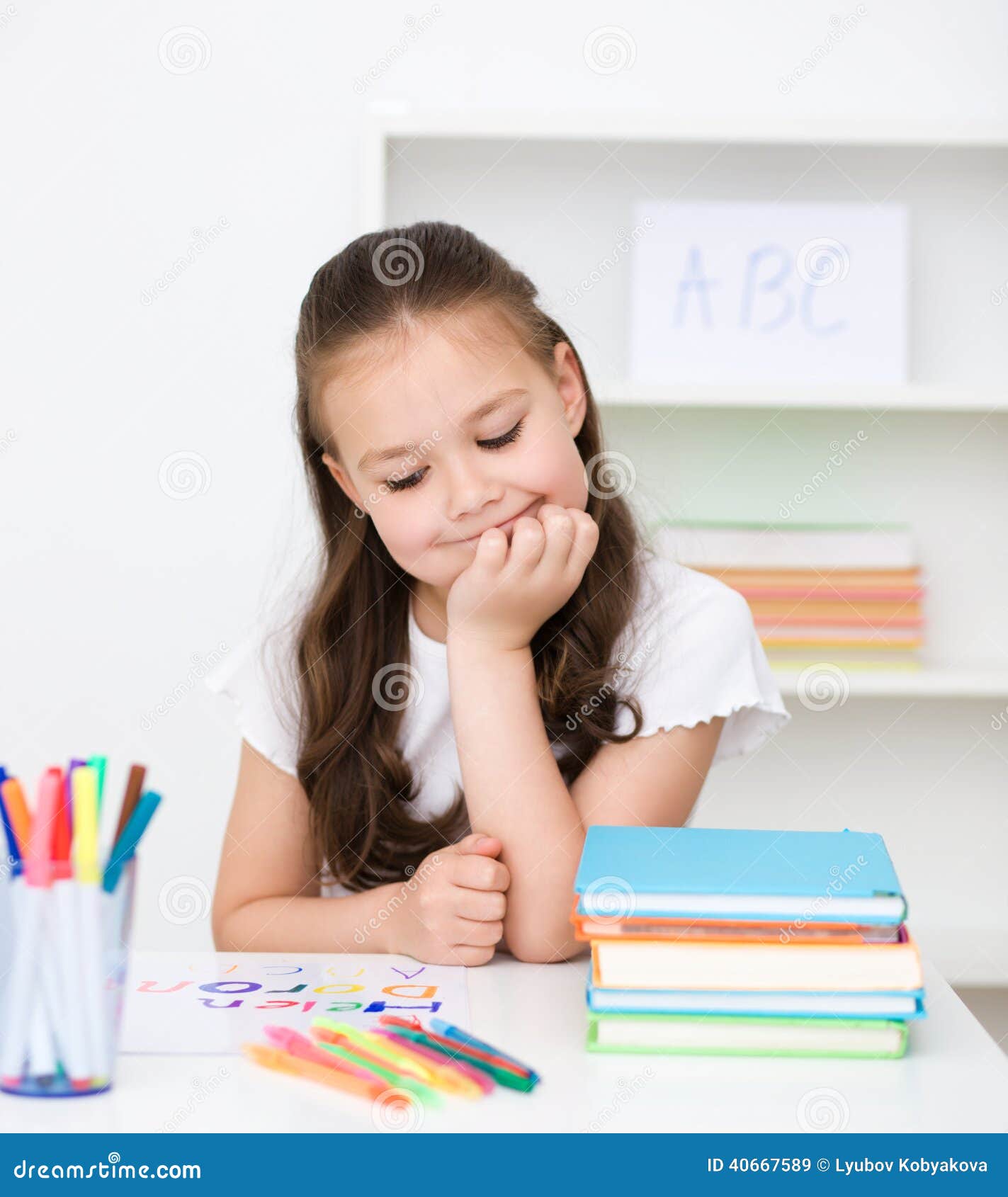 Cute Girl is Drawing Using Pencils Stock Image - Image of pencil ...