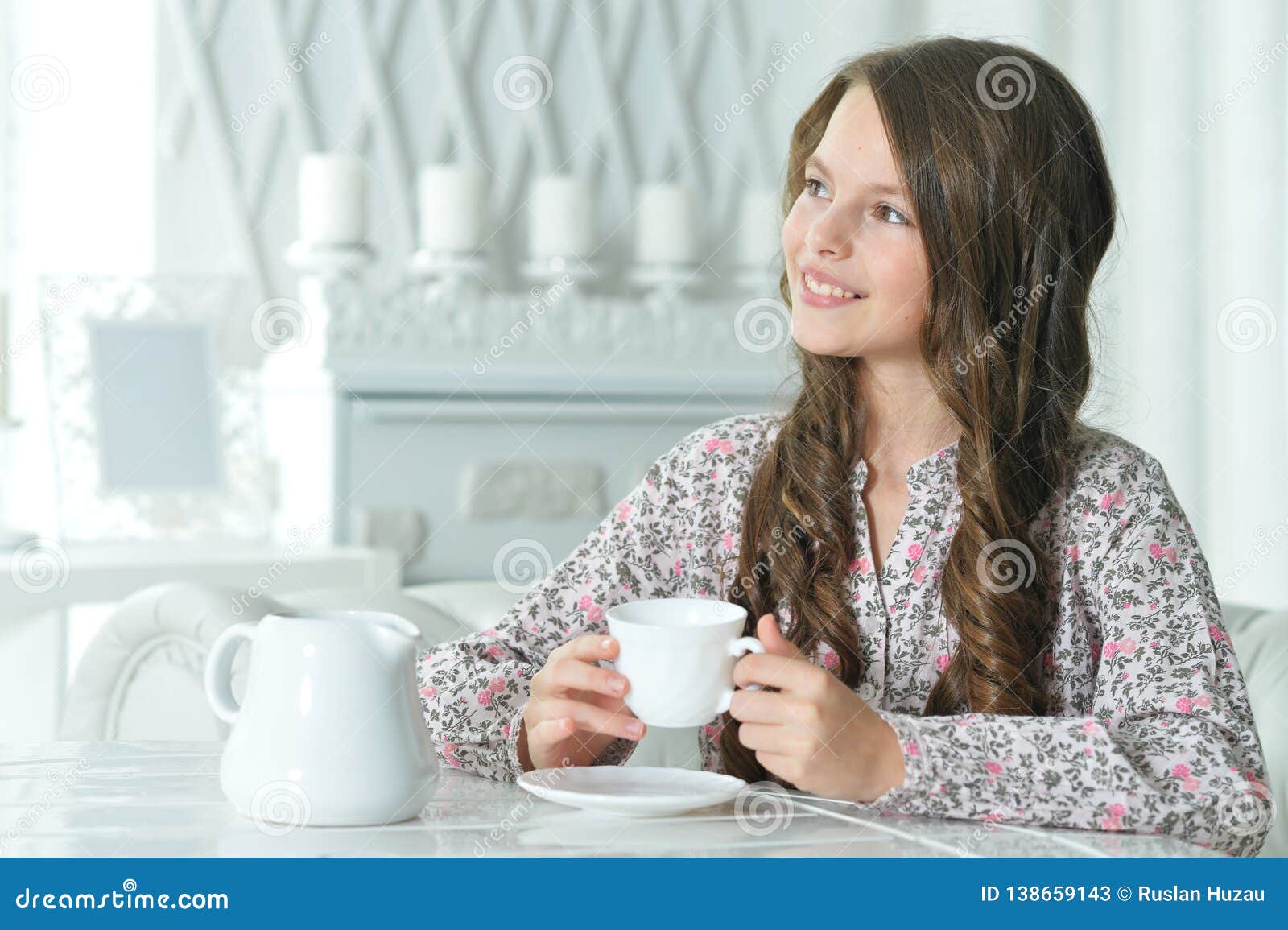 Portrait of Cute Girl Drinking Tea at Light Kitchen Stock Image - Image ...