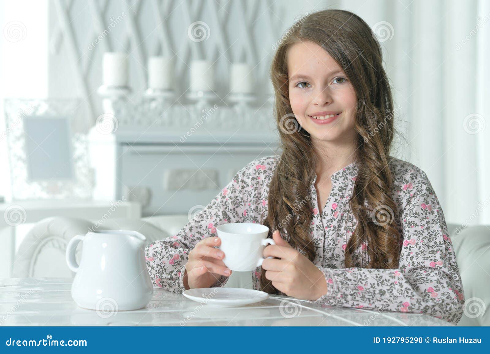 Cute Girl Drinking Tea at Light Kitchen Stock Photo - Image of color ...