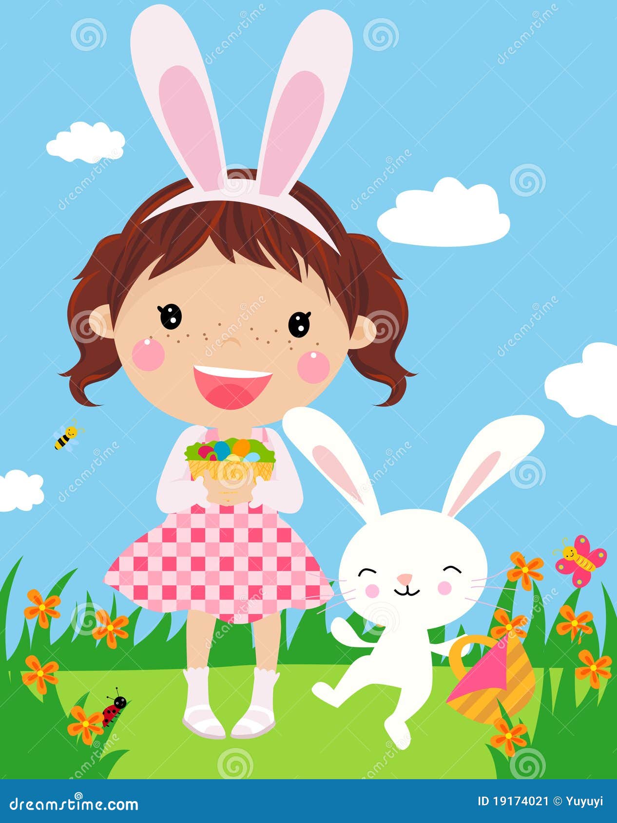 Cute Girl with Easter Bunny and Decorated Eggs. Stock Vector ...