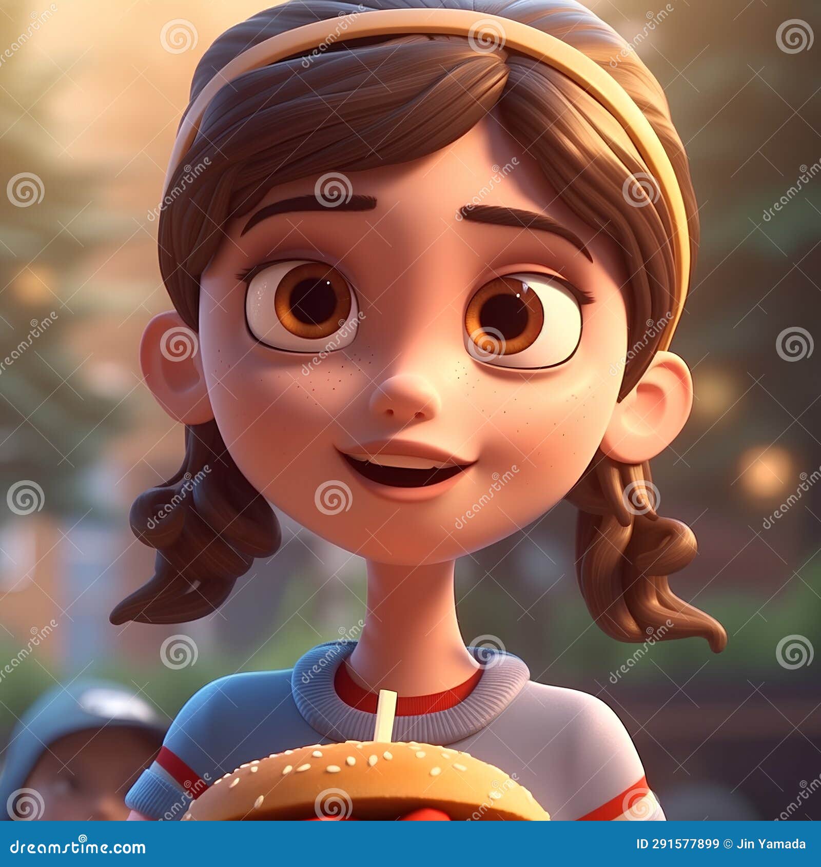 Cute Girl Eating Hamburger in the Park, 3d Render Stock Illustration ...