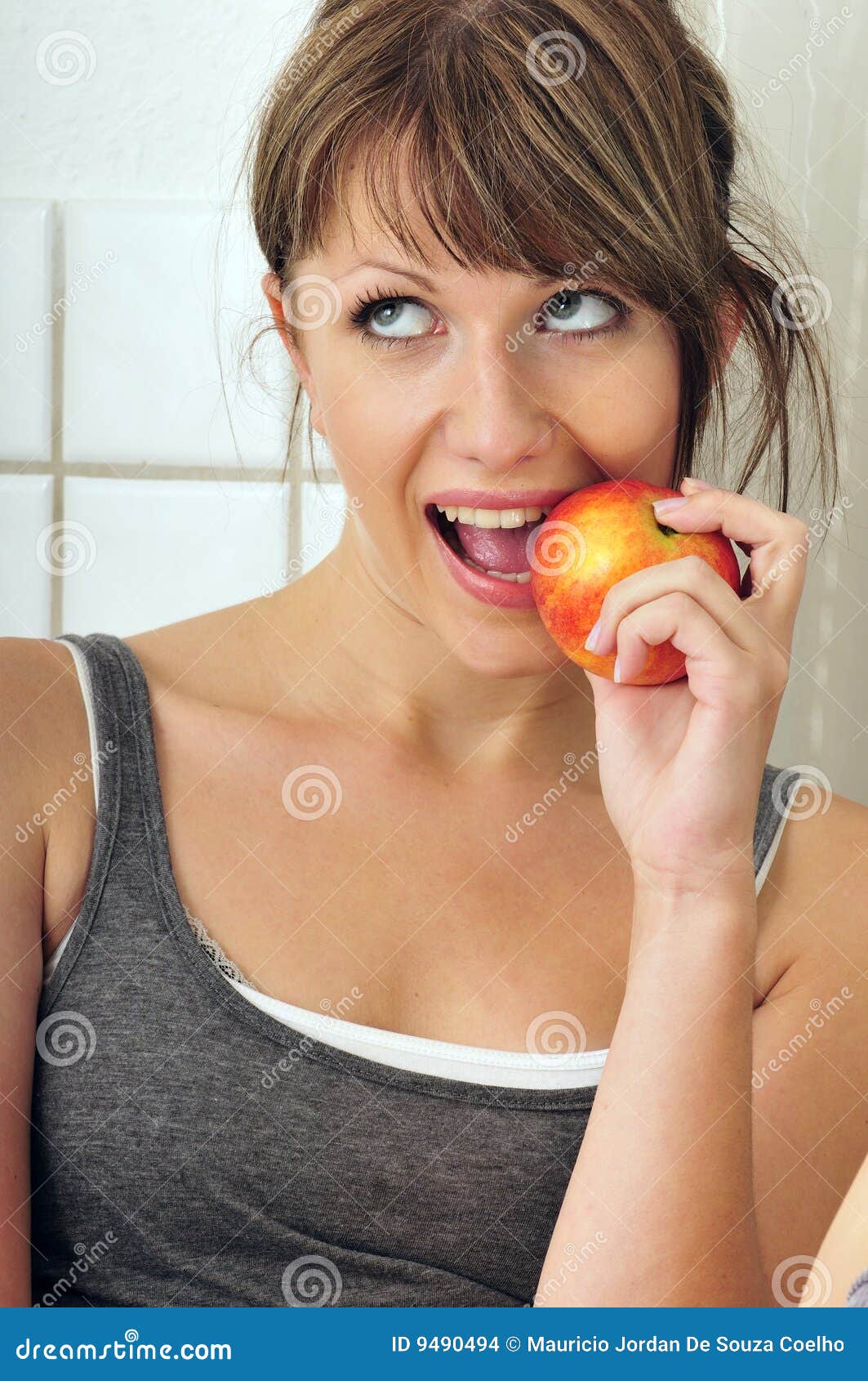 Cute Girl Eating a Red Apple Stock Photo - Image of caucasian ...