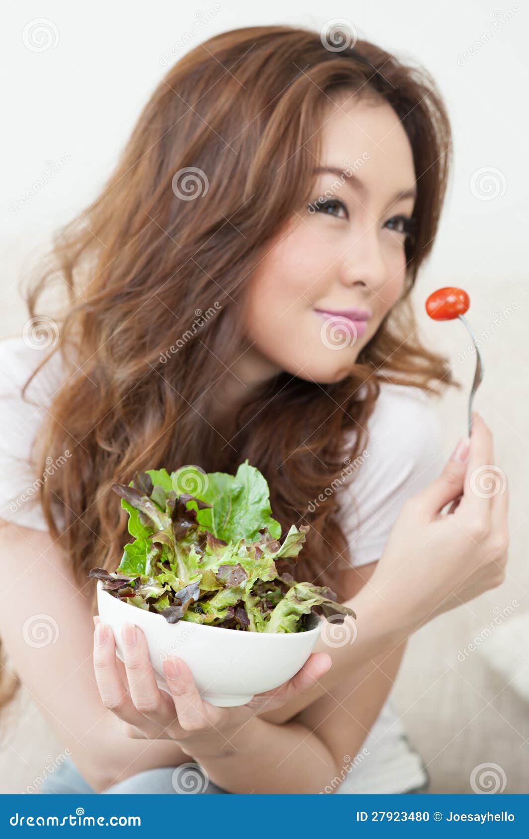 Cute girl eating Salad stock photo. Image of beauty, asian - 27923480