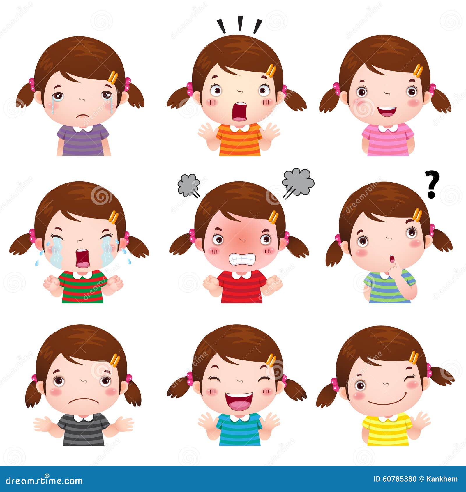 Cute Girl Faces Showing Different Emotions Stock Vector Illustration