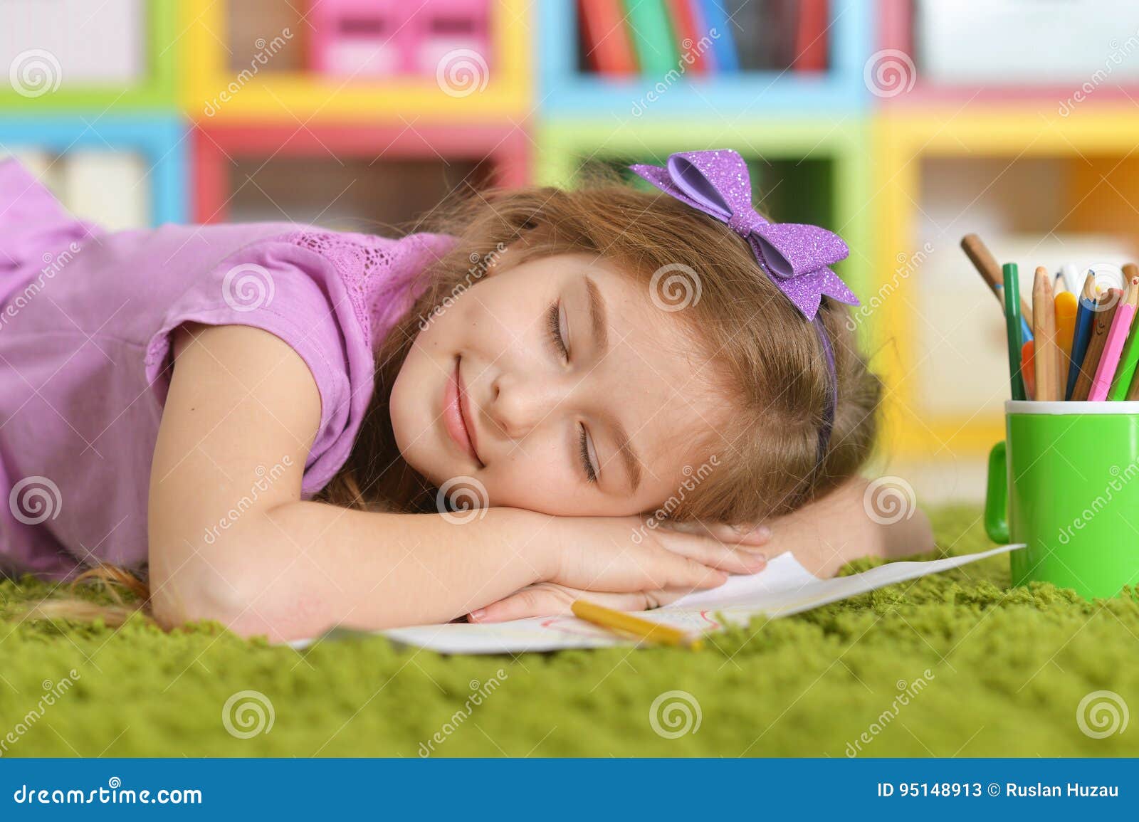 Cute girl falling asleep stock image. Image of pencils - 95148913
