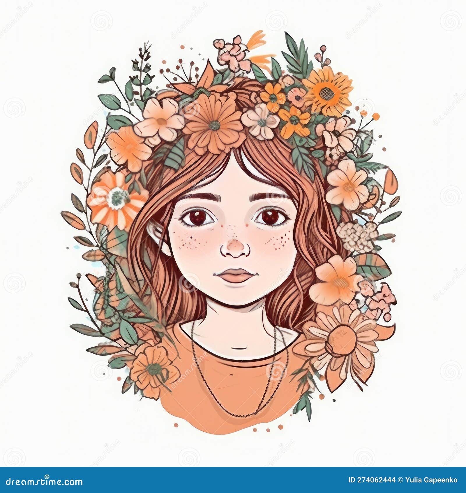 Cute Girl With Flowers Illustration Ai Generative Stock Illustration