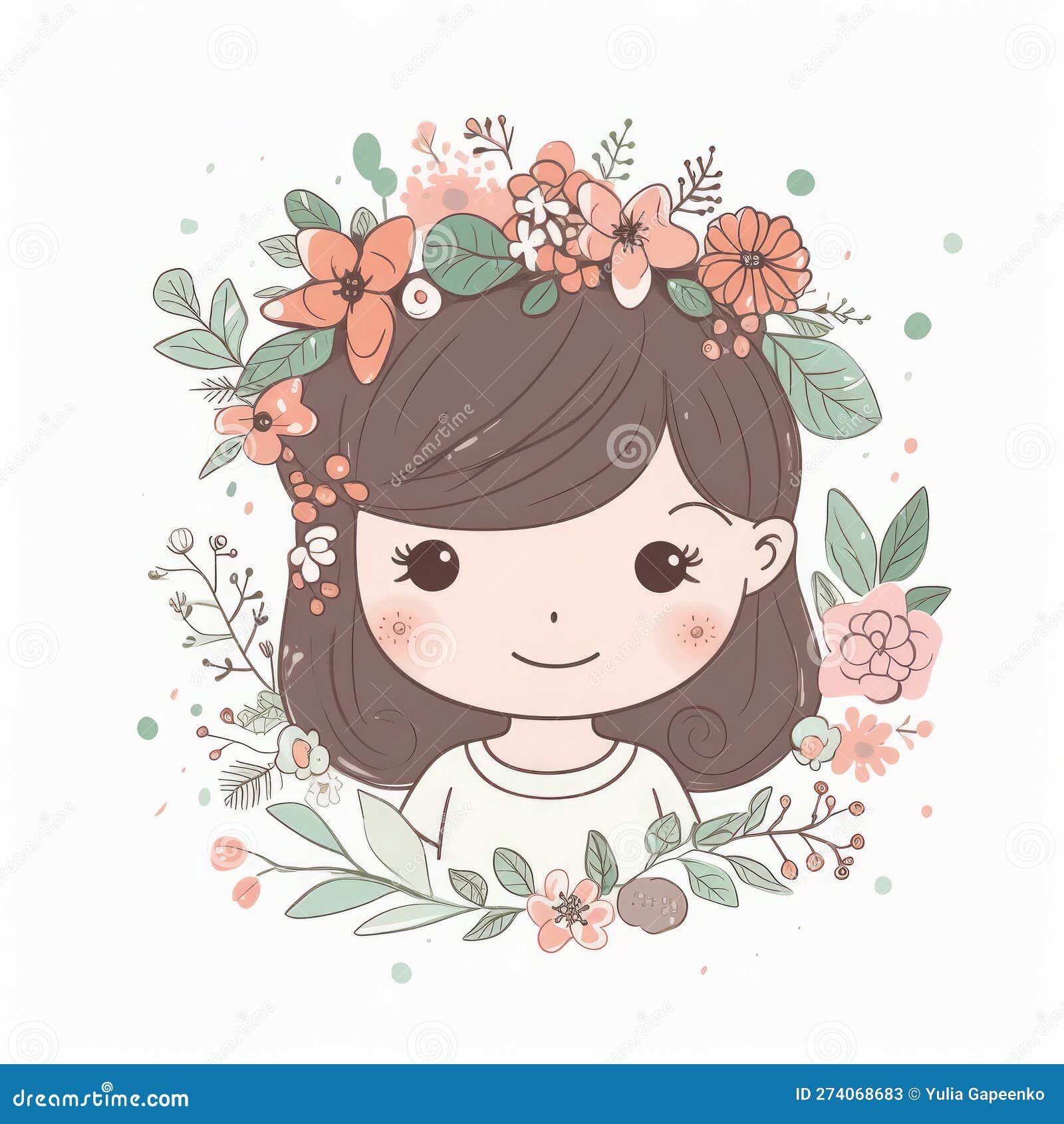 Cute Girl With Flowers Illustration Ai Generative Stock Illustration