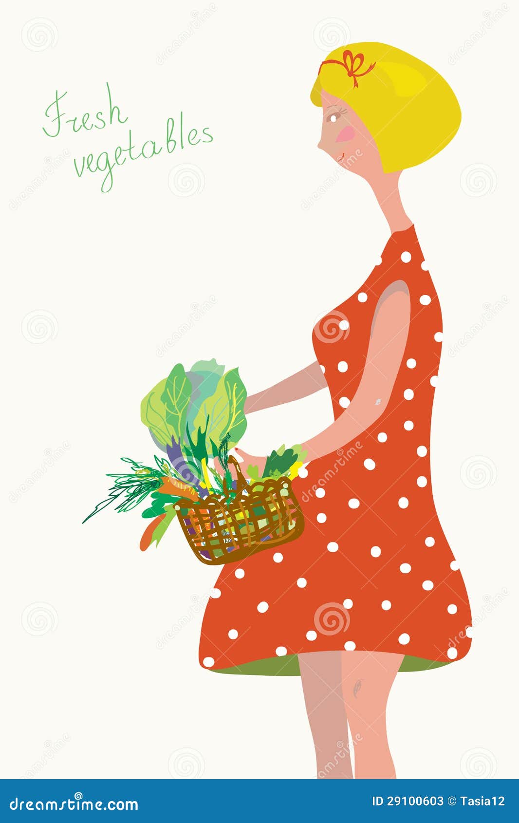 Cute Girl with Fresh Vegetables Vintage Stock Vector - Illustration of ...
