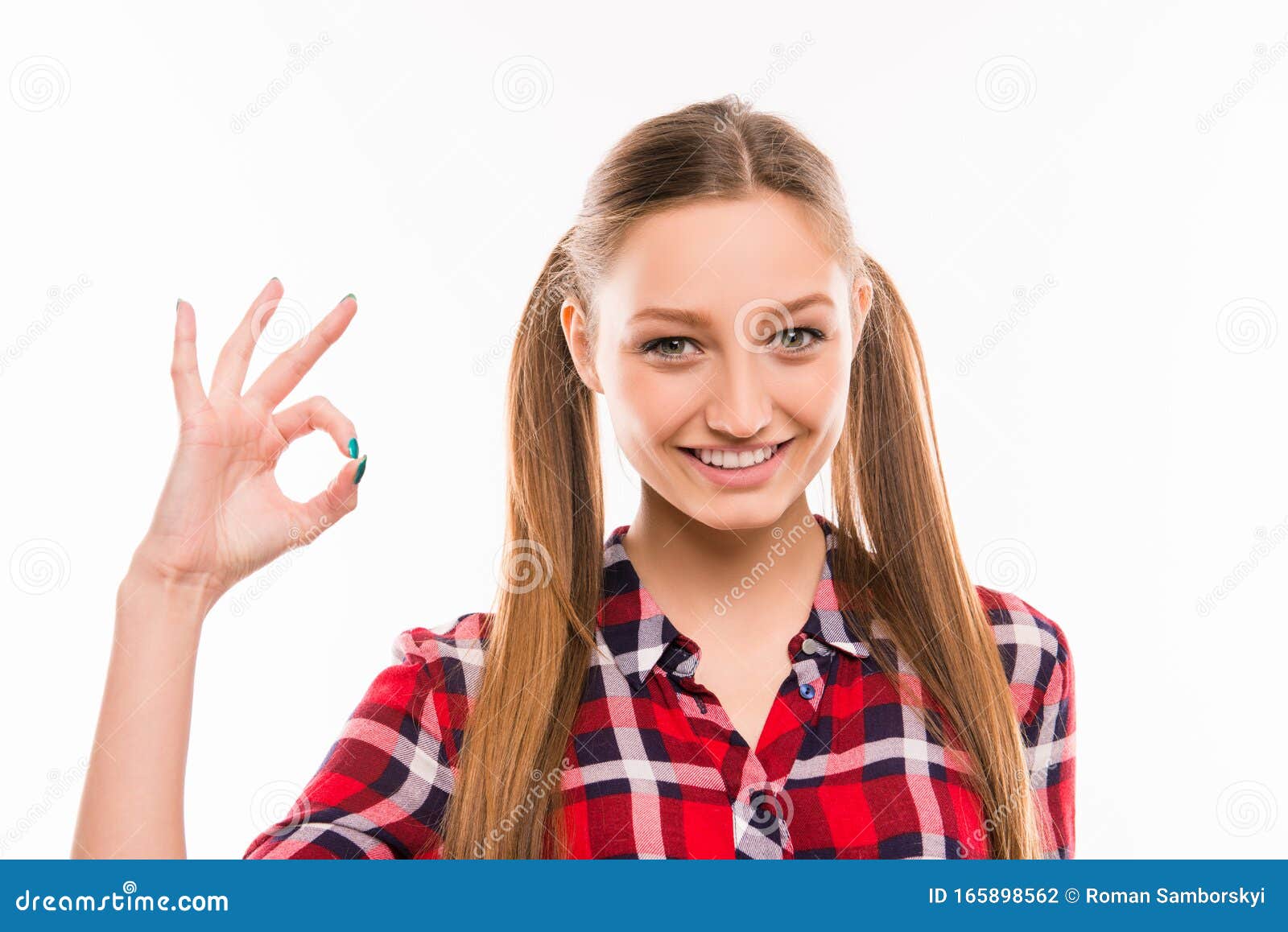 Cute Girl with Funny Bunches Gesturing `OK` Stock Photo - Image of ...
