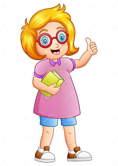 Cute Girl In Glasses With Holding A Book Giving Thumbs Up Stock Vector