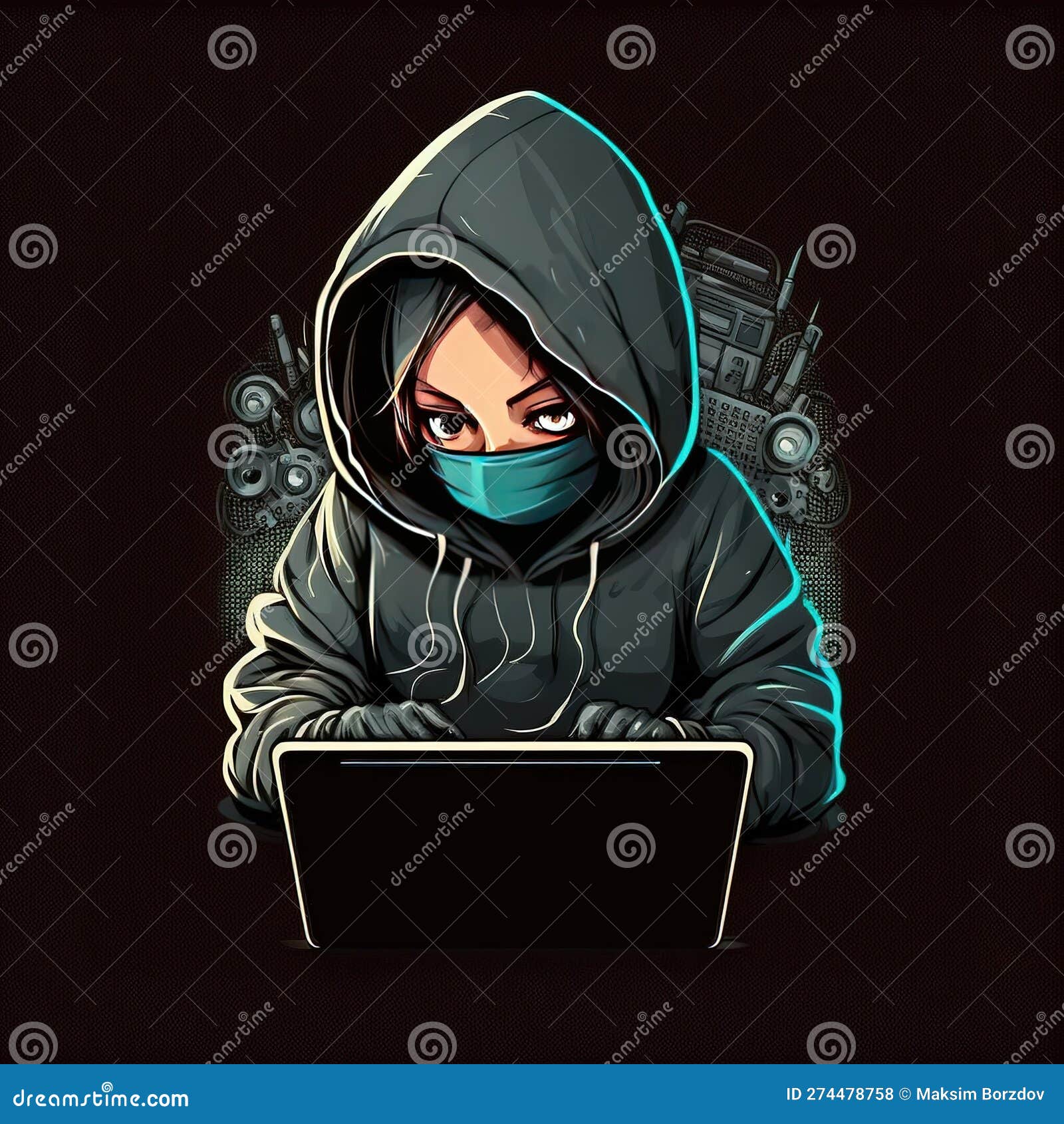 Cute Girl Hacker with Laptop. Avatar in Cartoon Style. Black Backdrop ... Cute Girl Hacker with Laptop. Avatar in Cartoon Style. Black Backdrop ...