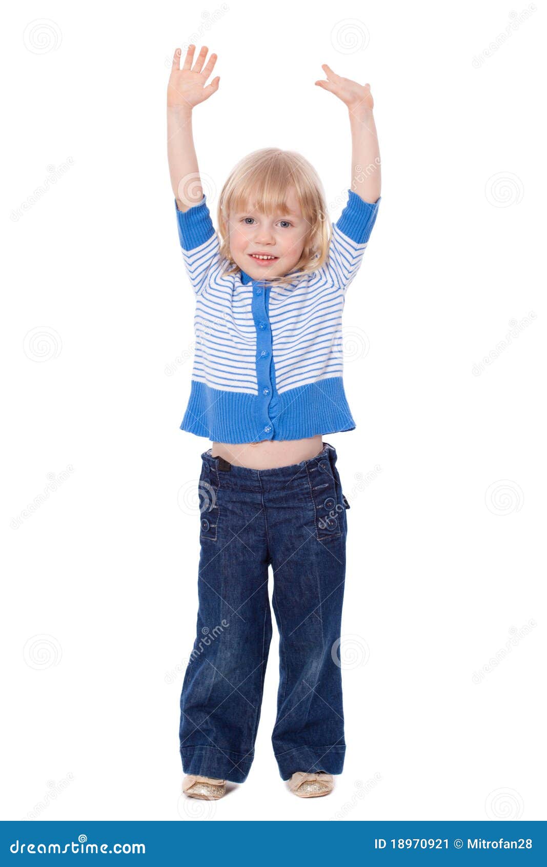 Cute girl with hands up stock image. Image of jeans, blonde - 18970921